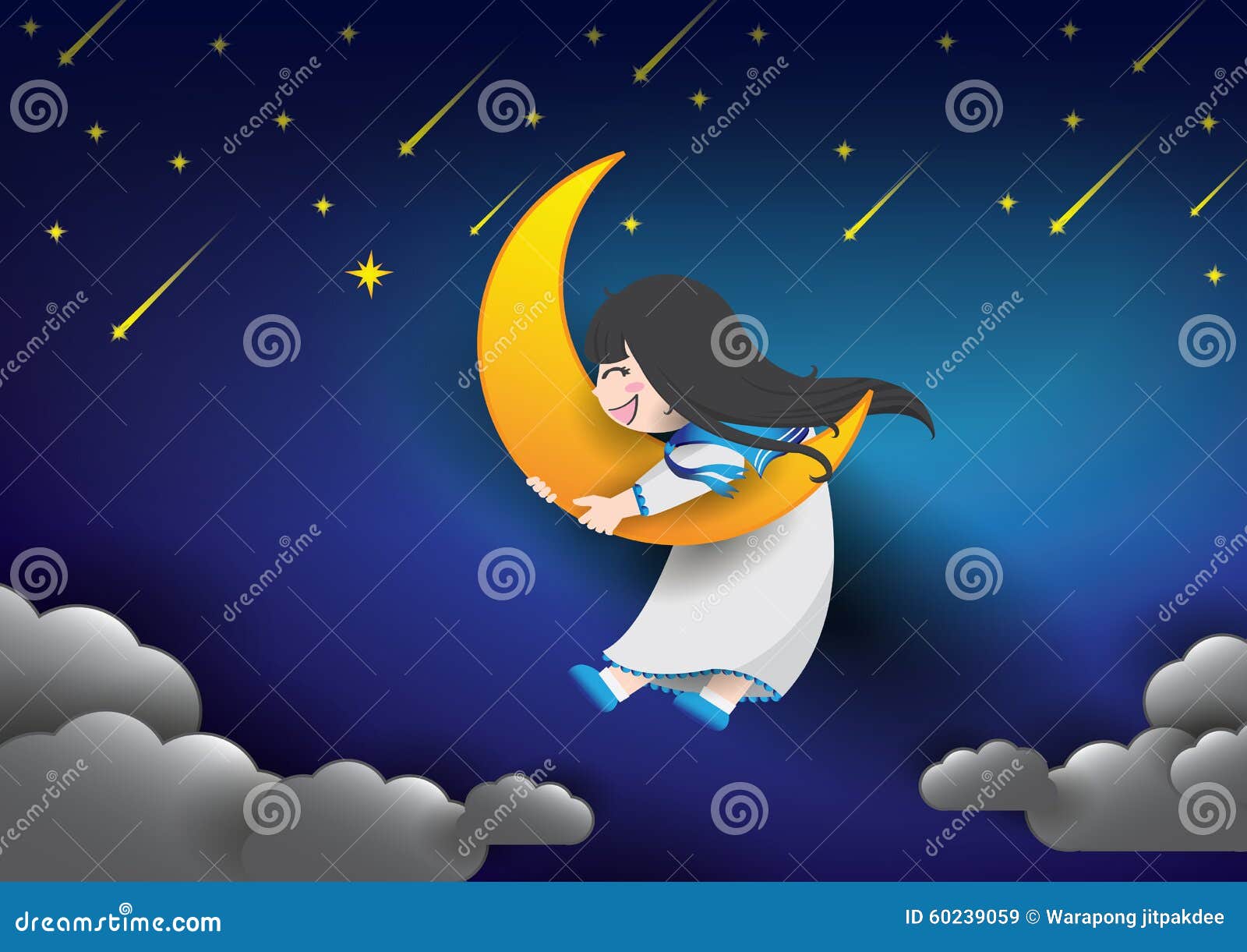 Cute Girl Hugging Moon in Night Sky. Stock Vector - Illustration of ...
