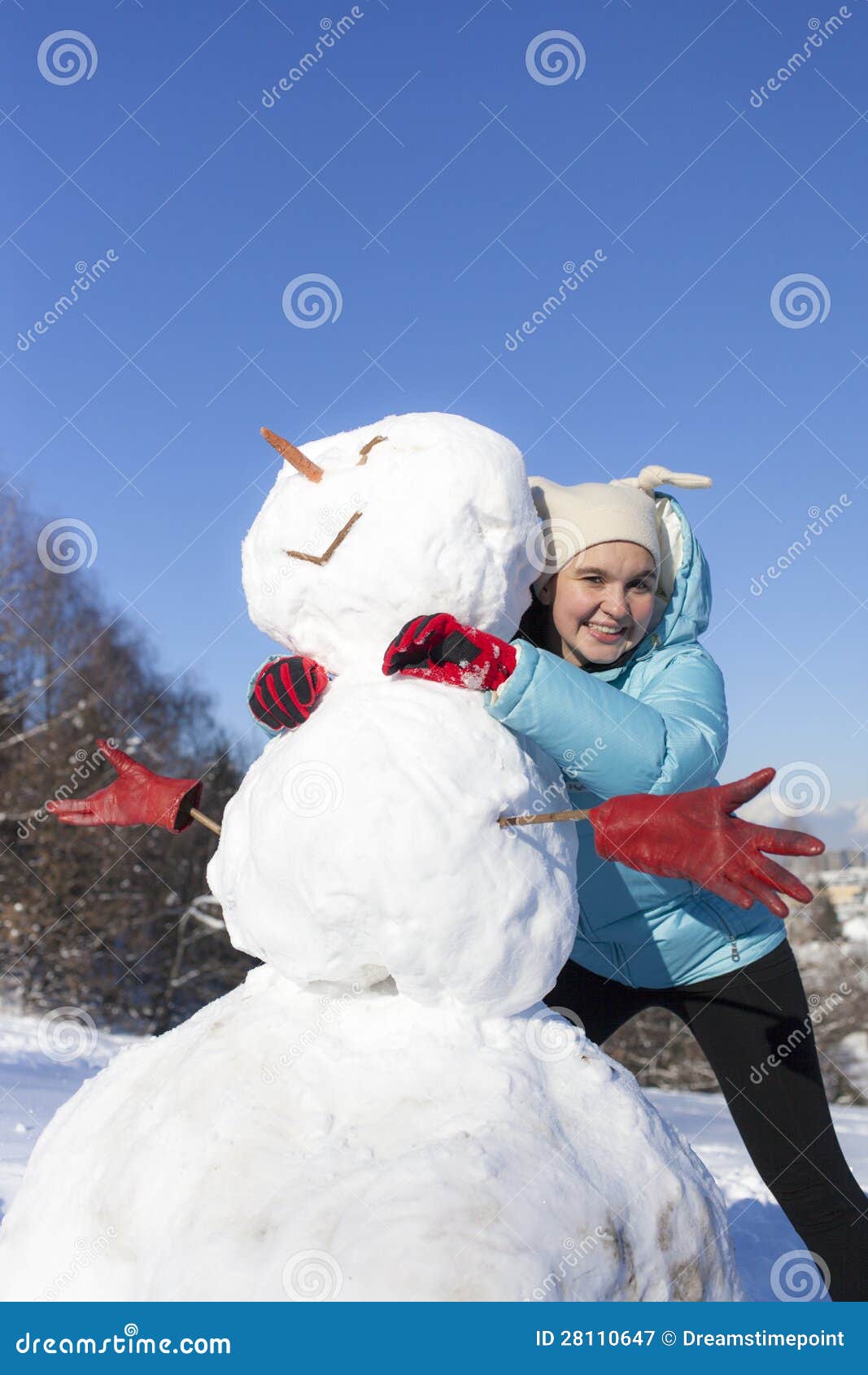 Cute Girl Hugging the Snowman Stock Image - Image of adult, joke: 28110647