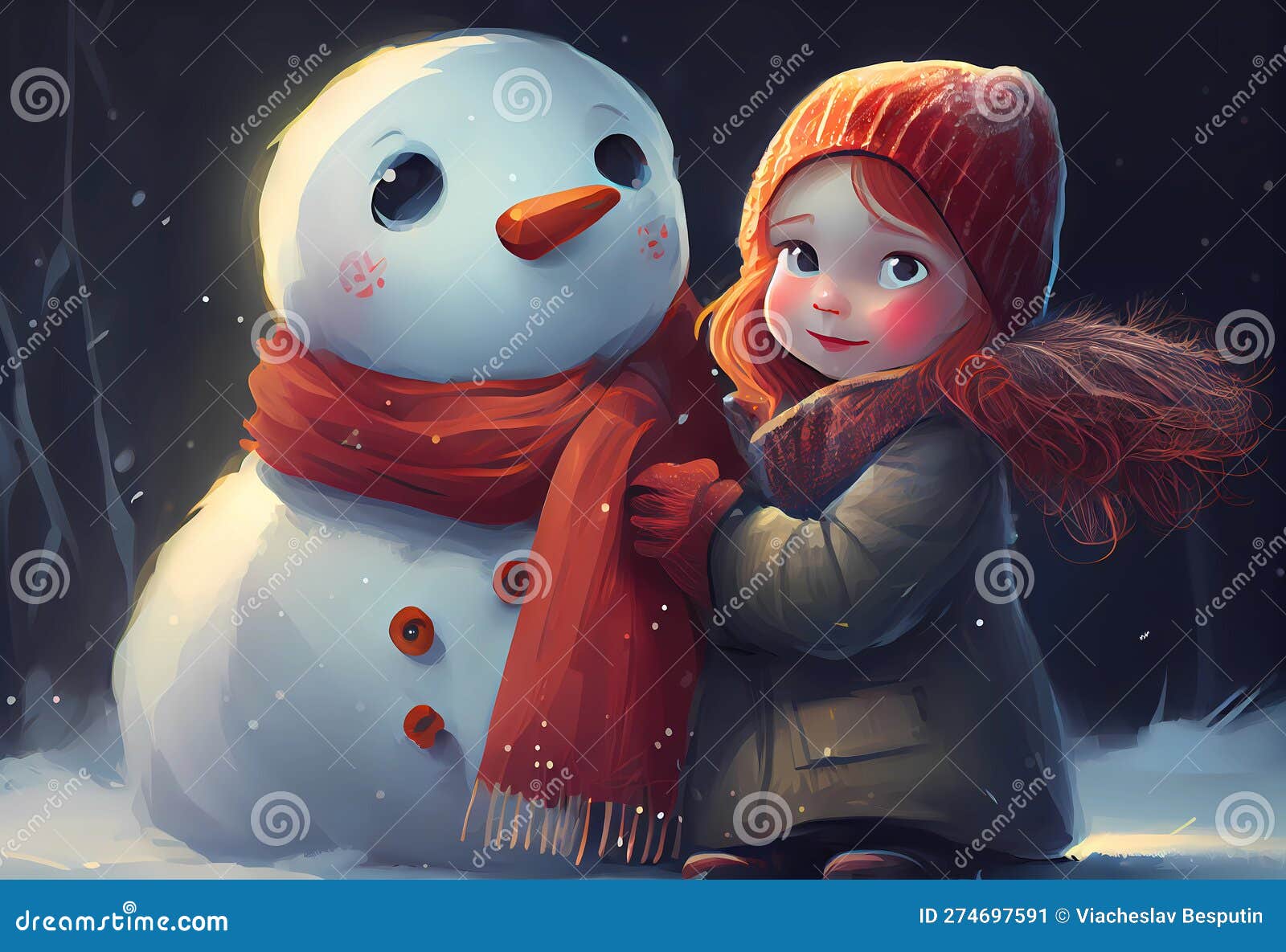 Cute Girl Hugging a Snowman at Night. Stock Illustration - Illustration ...