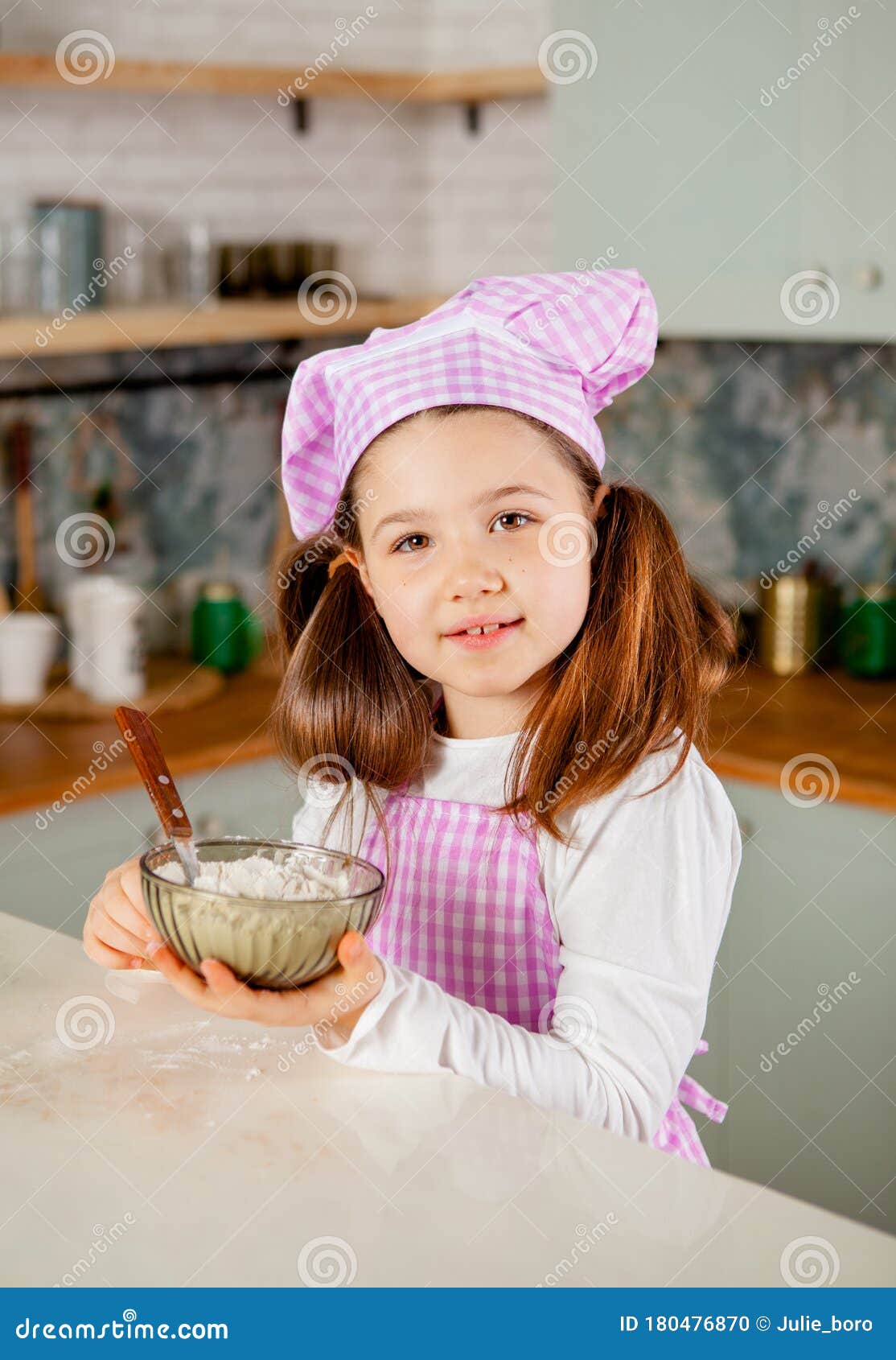 Cute Girl in the Kitchen is Cooking Stock Photo - Image of flour ...