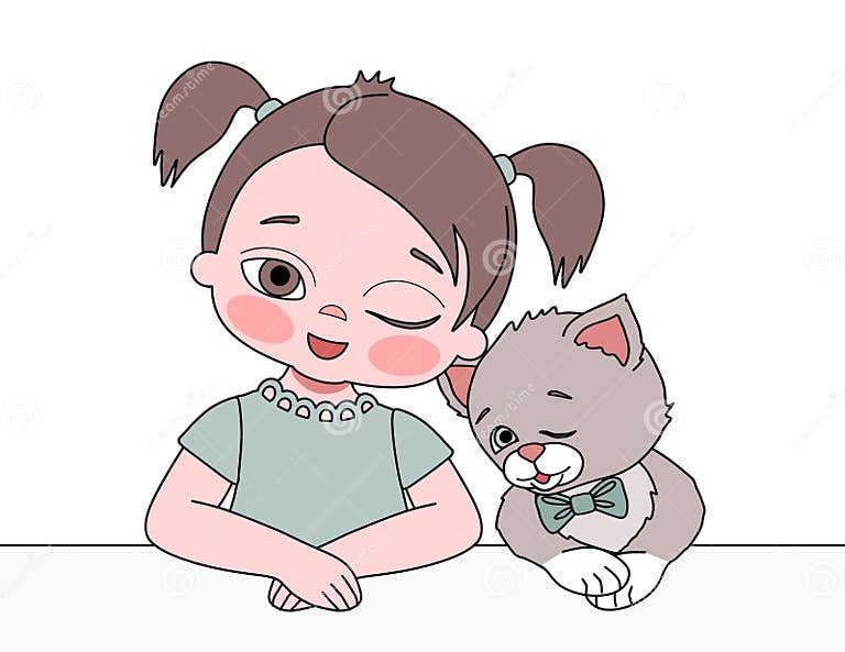 Cute Girl And Cute Kitty And Wink Stock Illustration Illustration Of