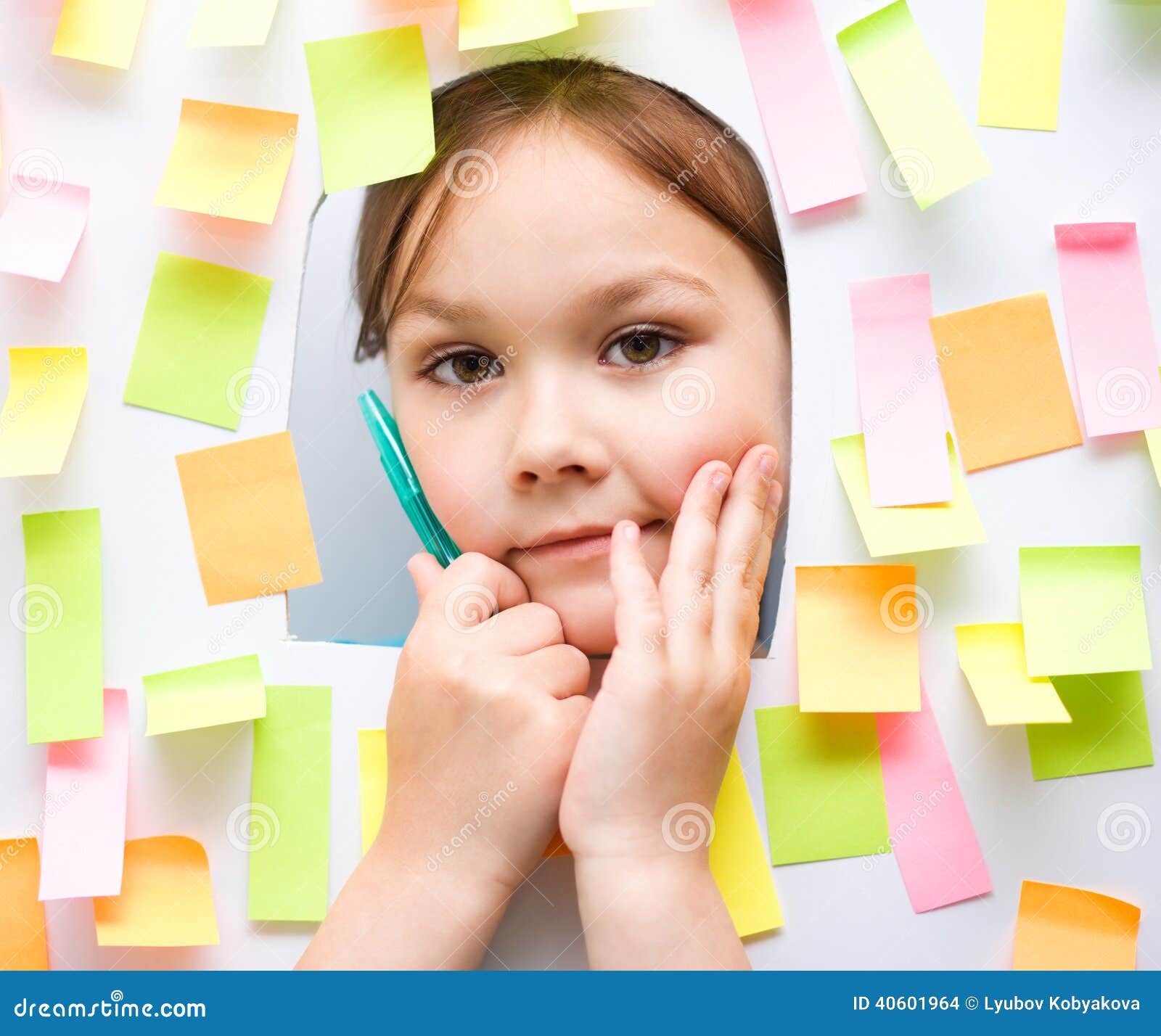 Cute Girl with Lots of Reminder Notes Stock Photo - Image of books ...