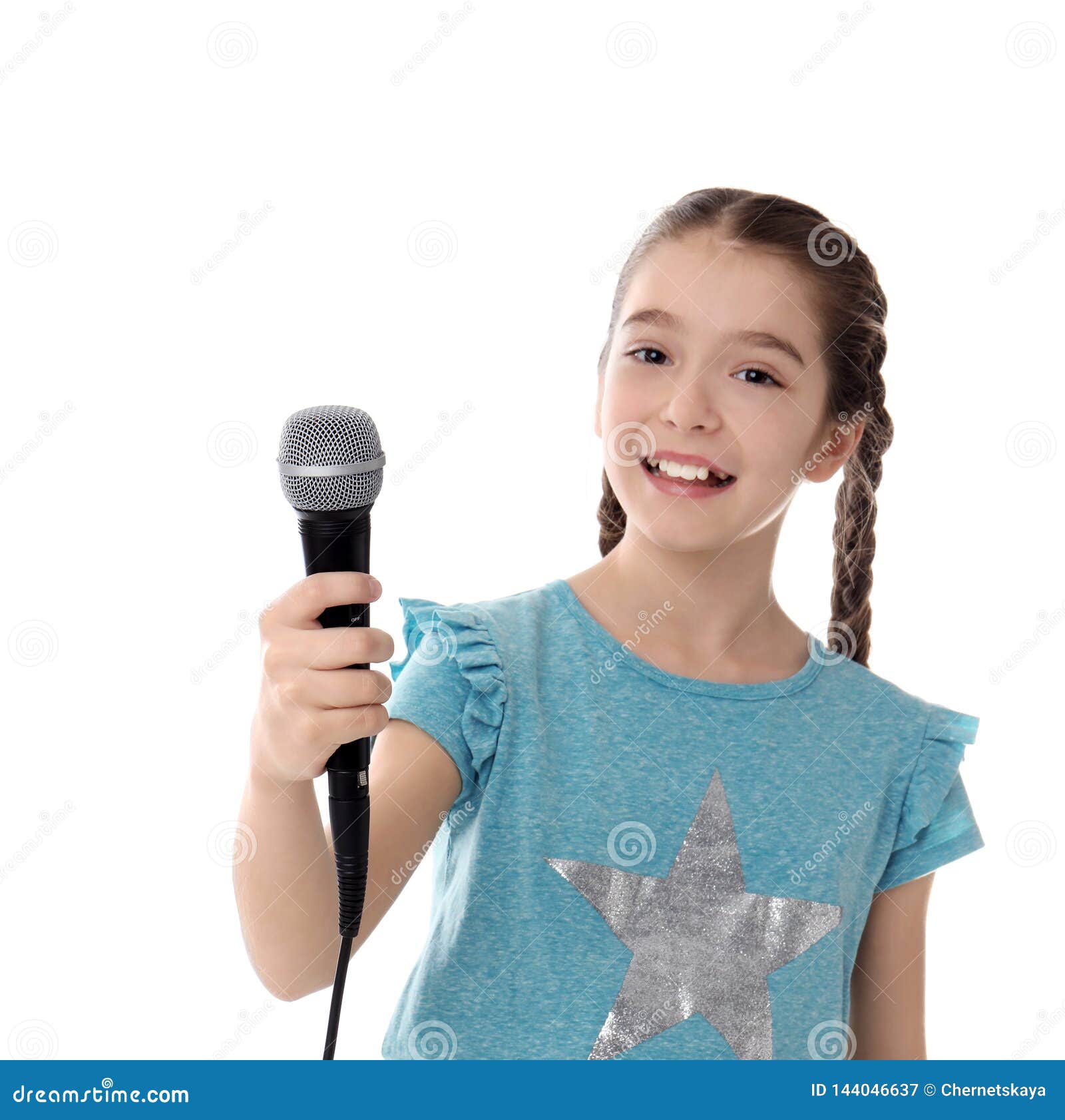 Cute Girl with Microphone on White Stock Image - Image of leisure ...