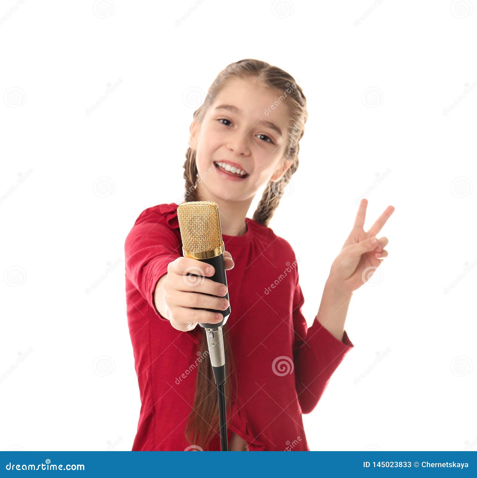 Cute Girl with Microphone on White Stock Image - Image of playing ...