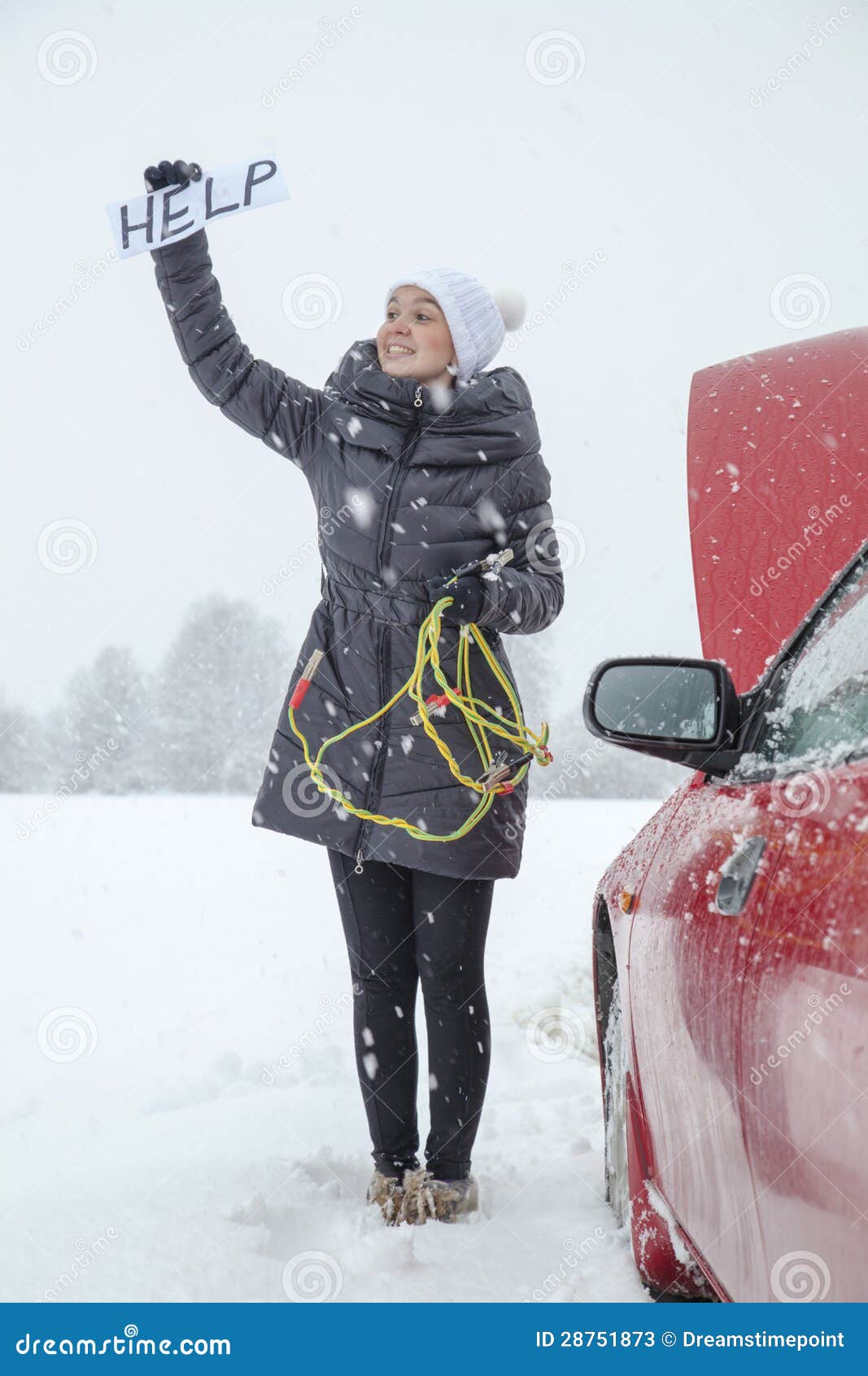 Cute Girl Needs Help on the Road Stock Image - Image of cold, cables ...
