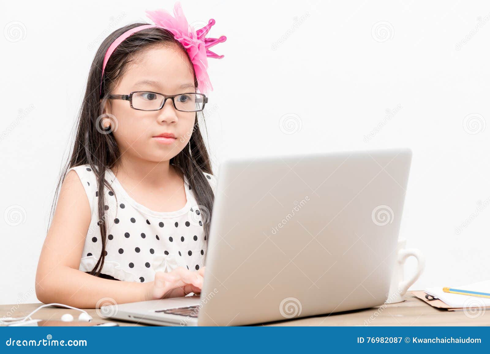 Cute Girl Play Computer on White Background Stock Image - Image of ...