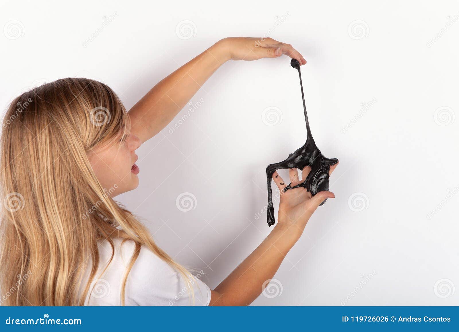 Cute Girl Playing with Black Slime Stock Photo - Image of latex, messy ...