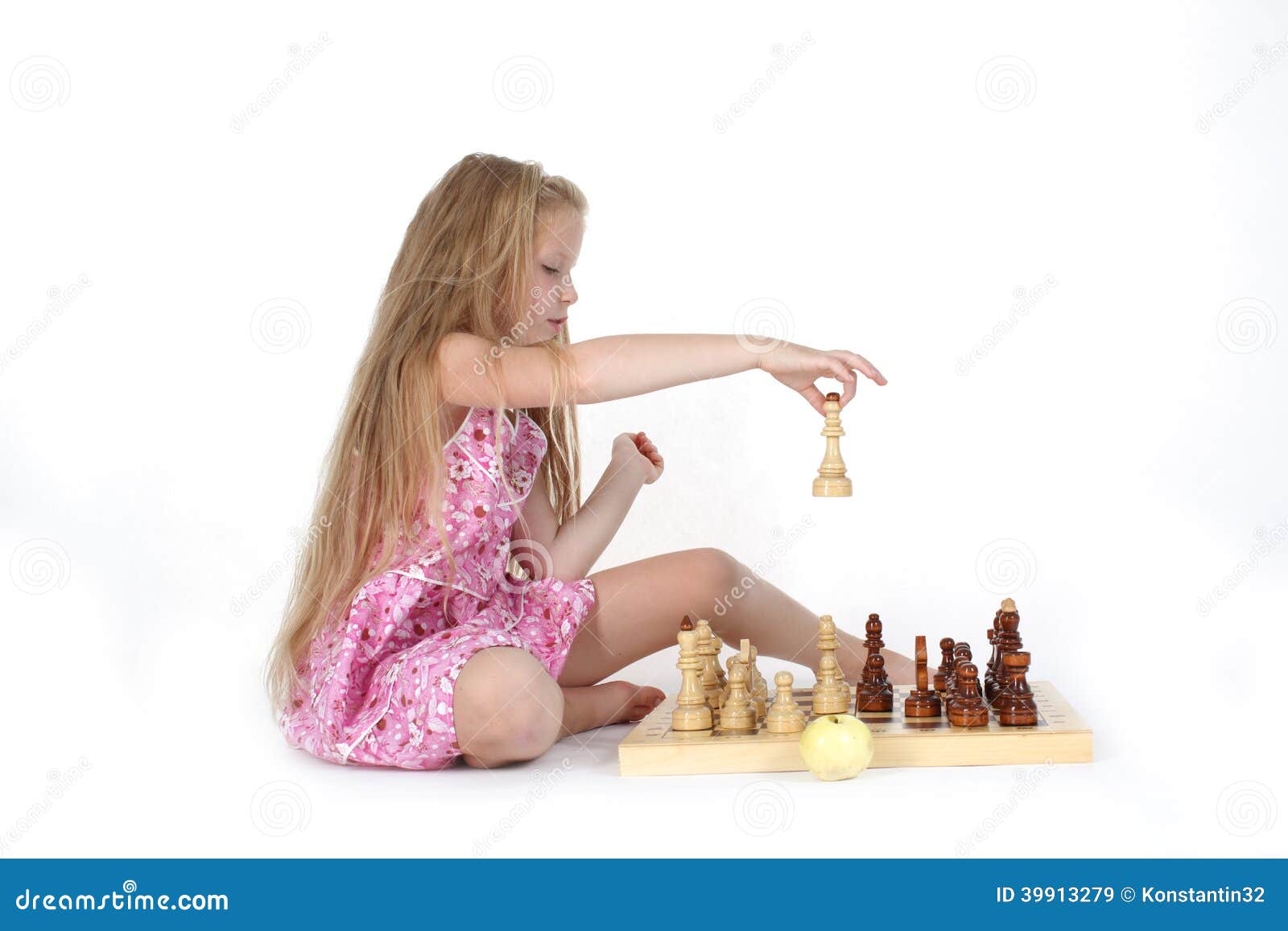 Cute Girl Playing Chess on White Stock Image - Image of leisure, happy ...