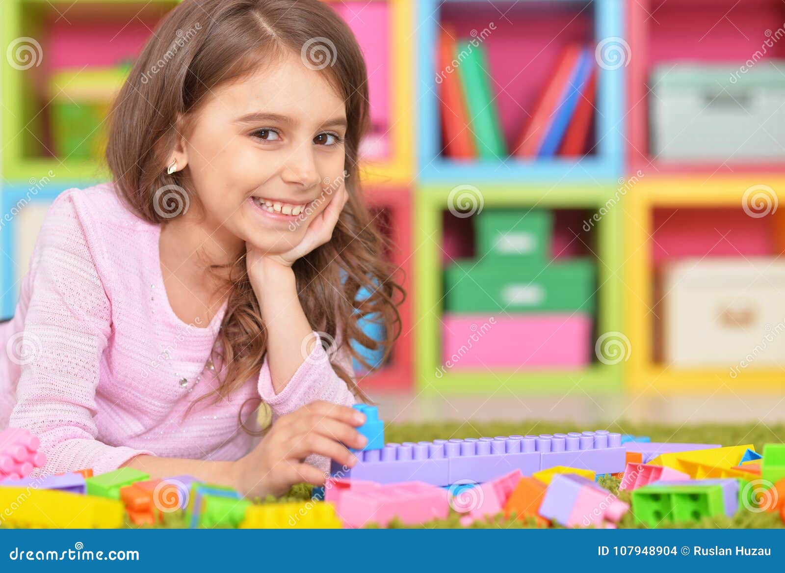 Cute Girl Playing with Plastic Blocks Stock Photo - Image of female ...
