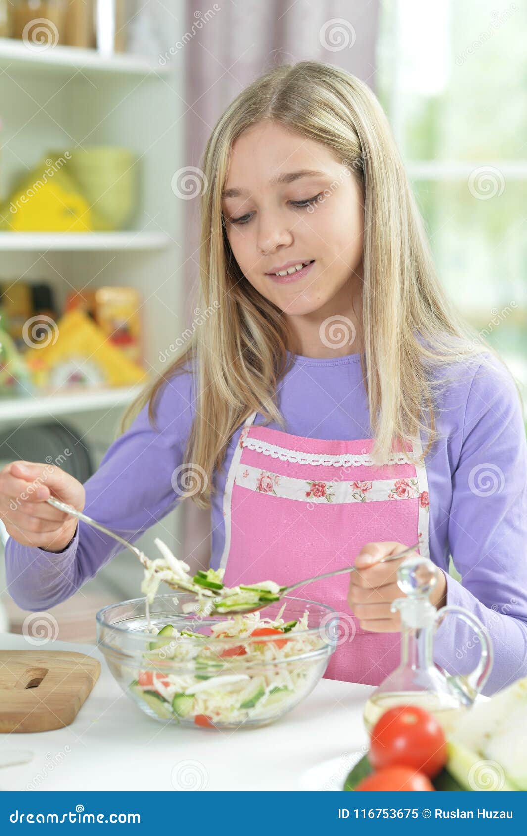 Cute Girl Preparing Fresh Salad Stock Image Image Of Fresh Dinner
