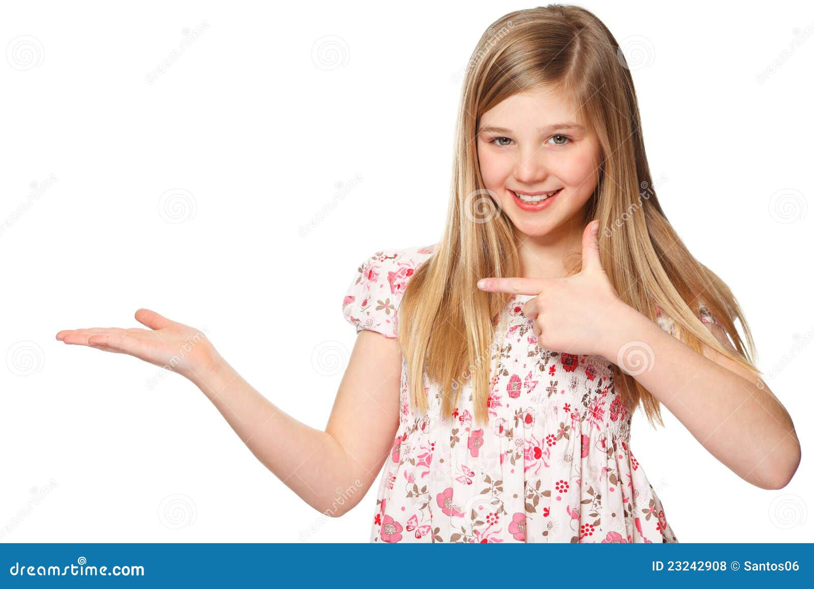 Cute Girl Presenting Copy Space Stock Photo - Image of cheesy ...