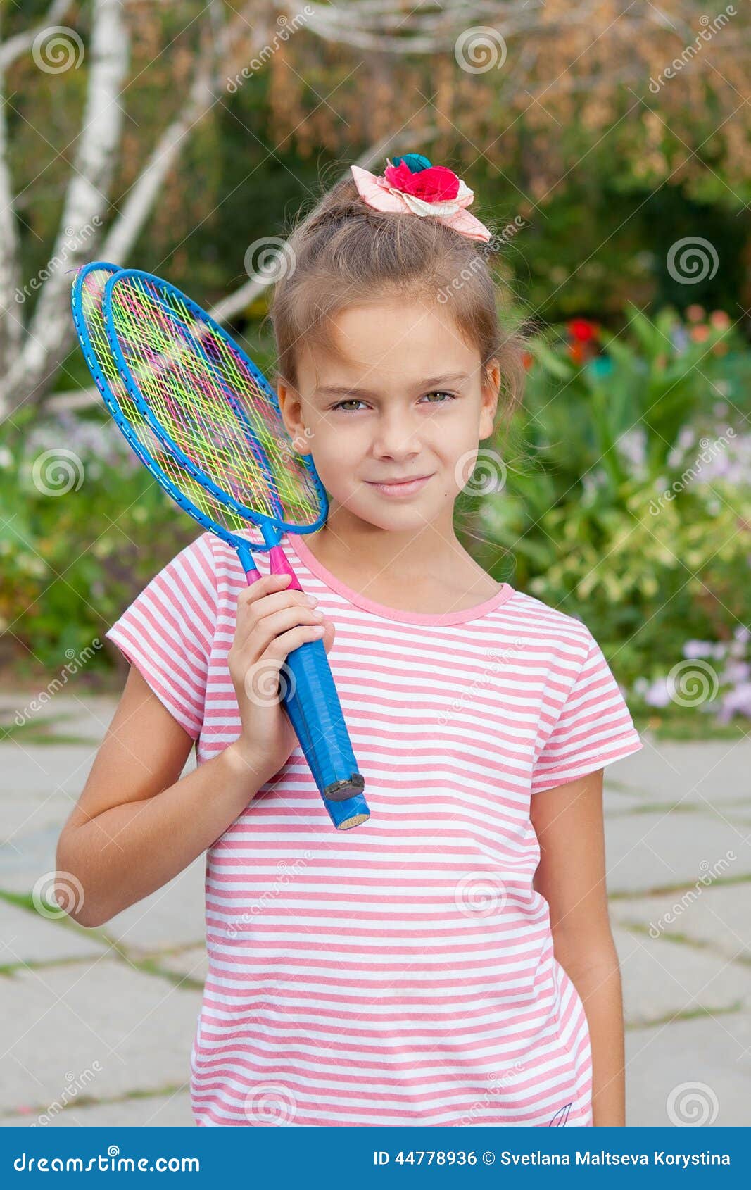 Cute Girl with Racket Outdoors Stock Photo - Image of smiling, girls ...