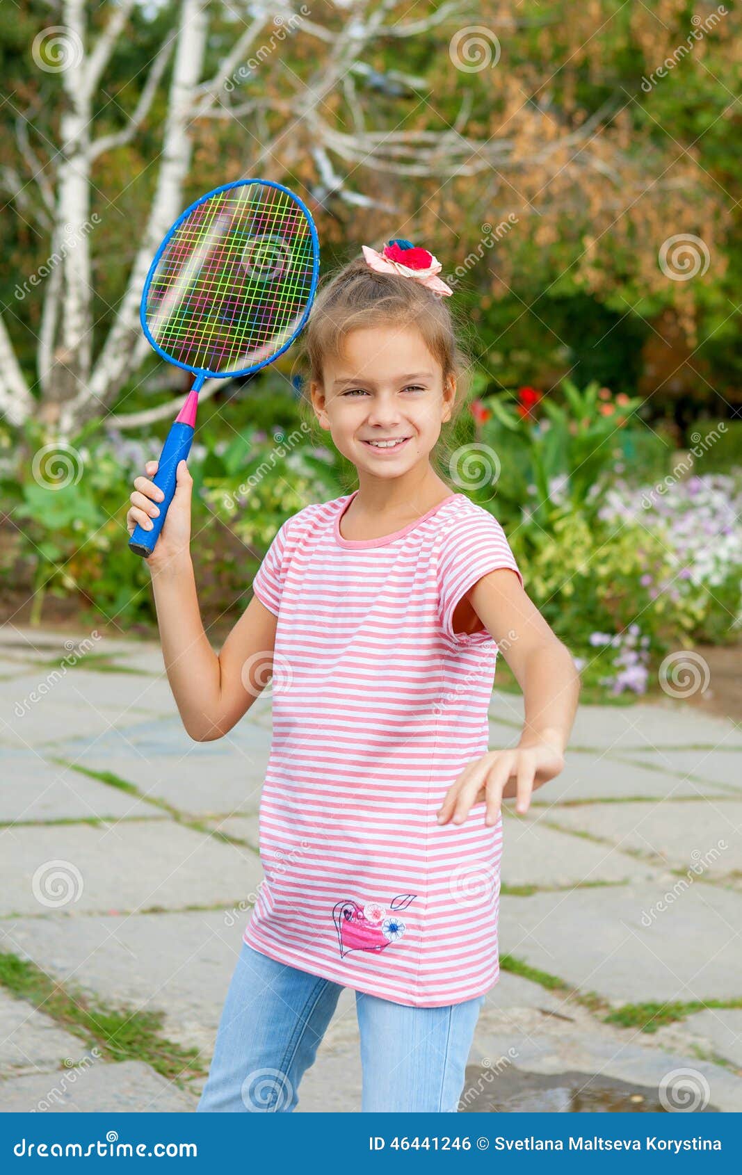 Cute Girl with Racket Outdoors Stock Photo - Image of casual, education ...