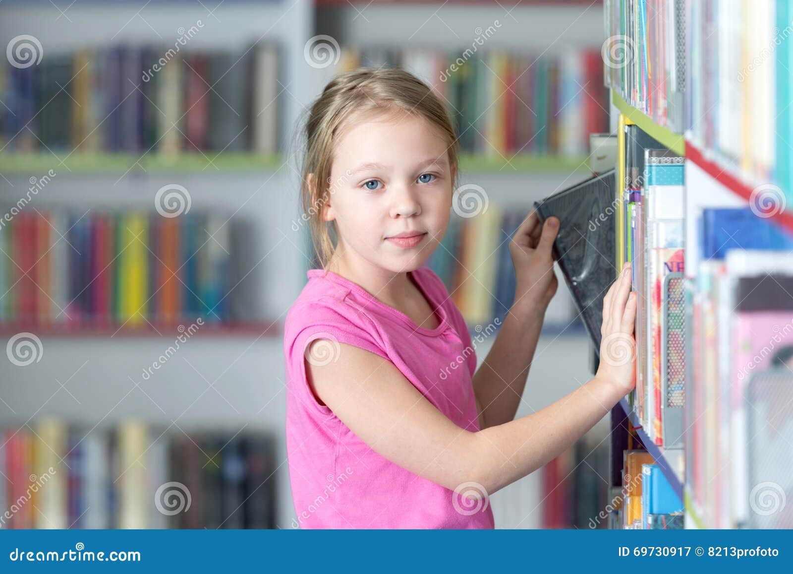 Cute Girl Reading Book in Library Stock Image - Image of desk, learn ...