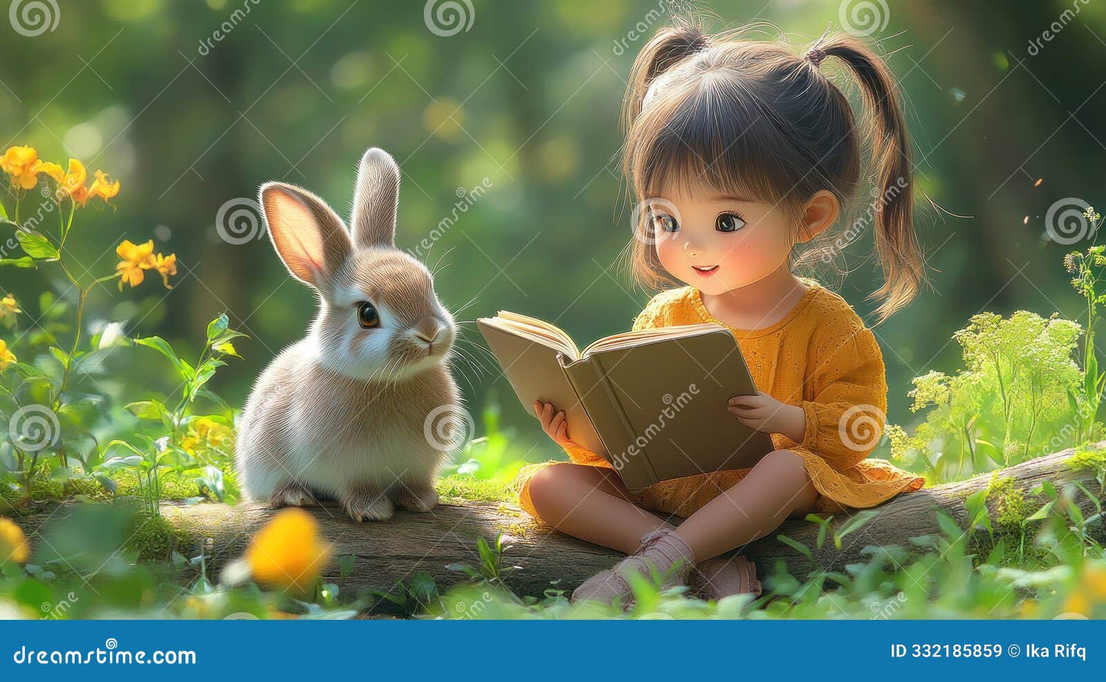 Cute Girl Reading a Book with a Rabbit in the Forest - Illustration ...
