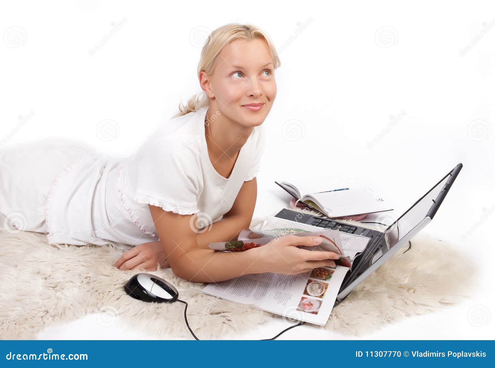 Cute Girl Reading Magazine and Dreaming Stock Photo - Image of dream ...