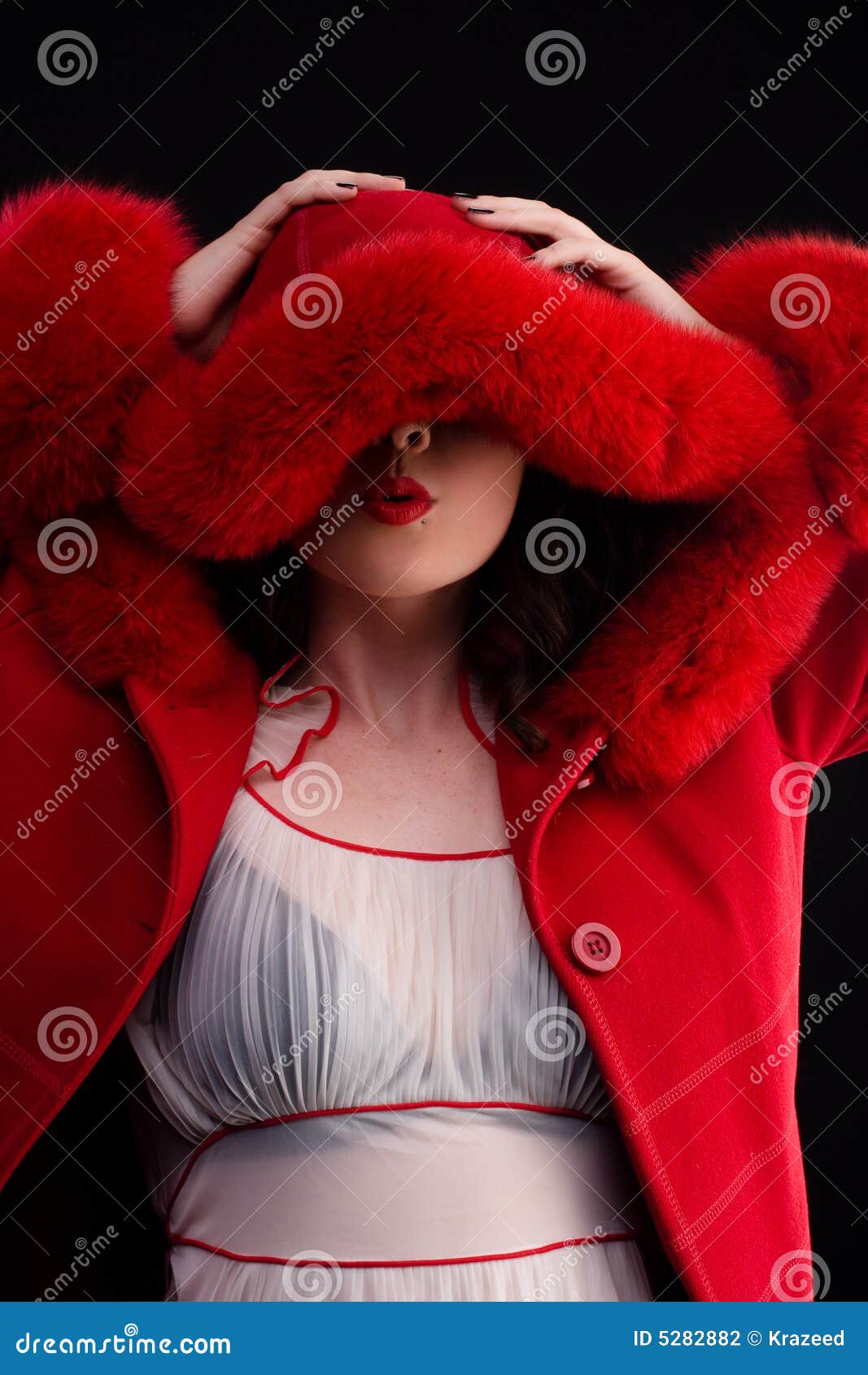 Cute girl in red fur coat stock photo. Image of black - 5282882