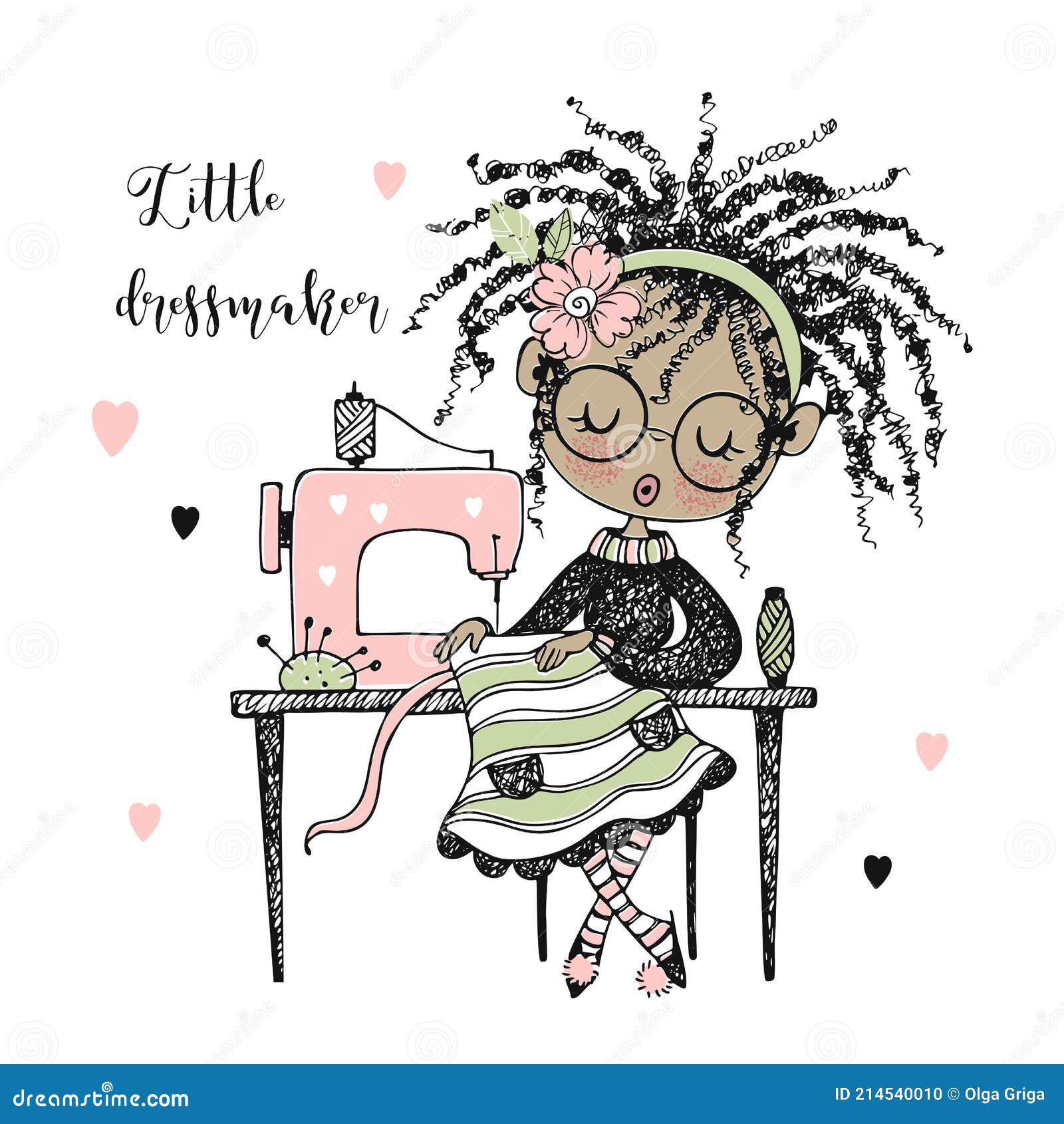 Cute Girl Seamstress Sews On A Sewing Machine Dress Doodle Style Stock