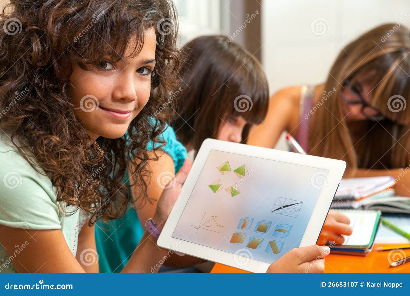 Cute Girl Showing Homework on Tablet. Stock Image - Image of digitalize ...