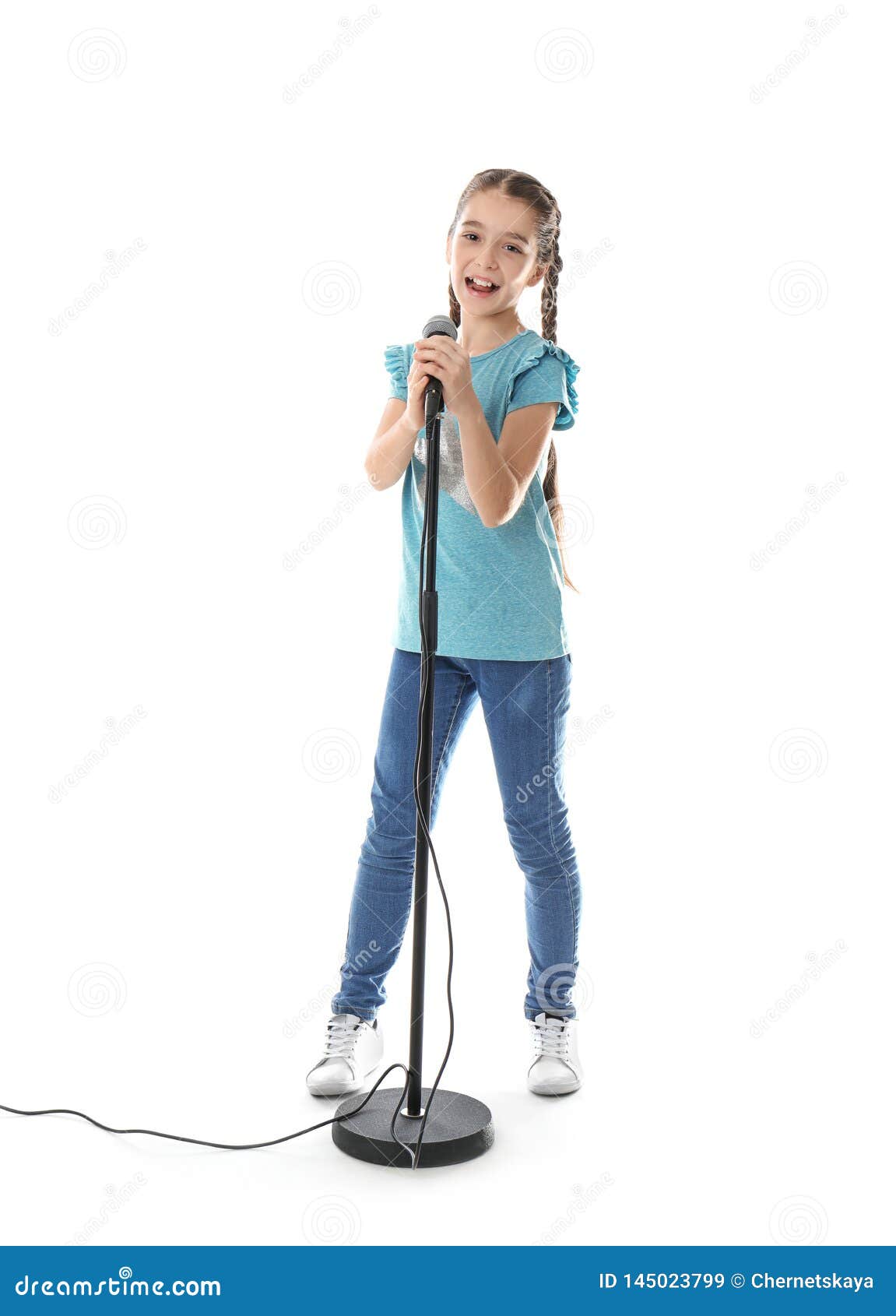 Cute Girl Singing In Microphone On White Stock Image - Image of audio ...