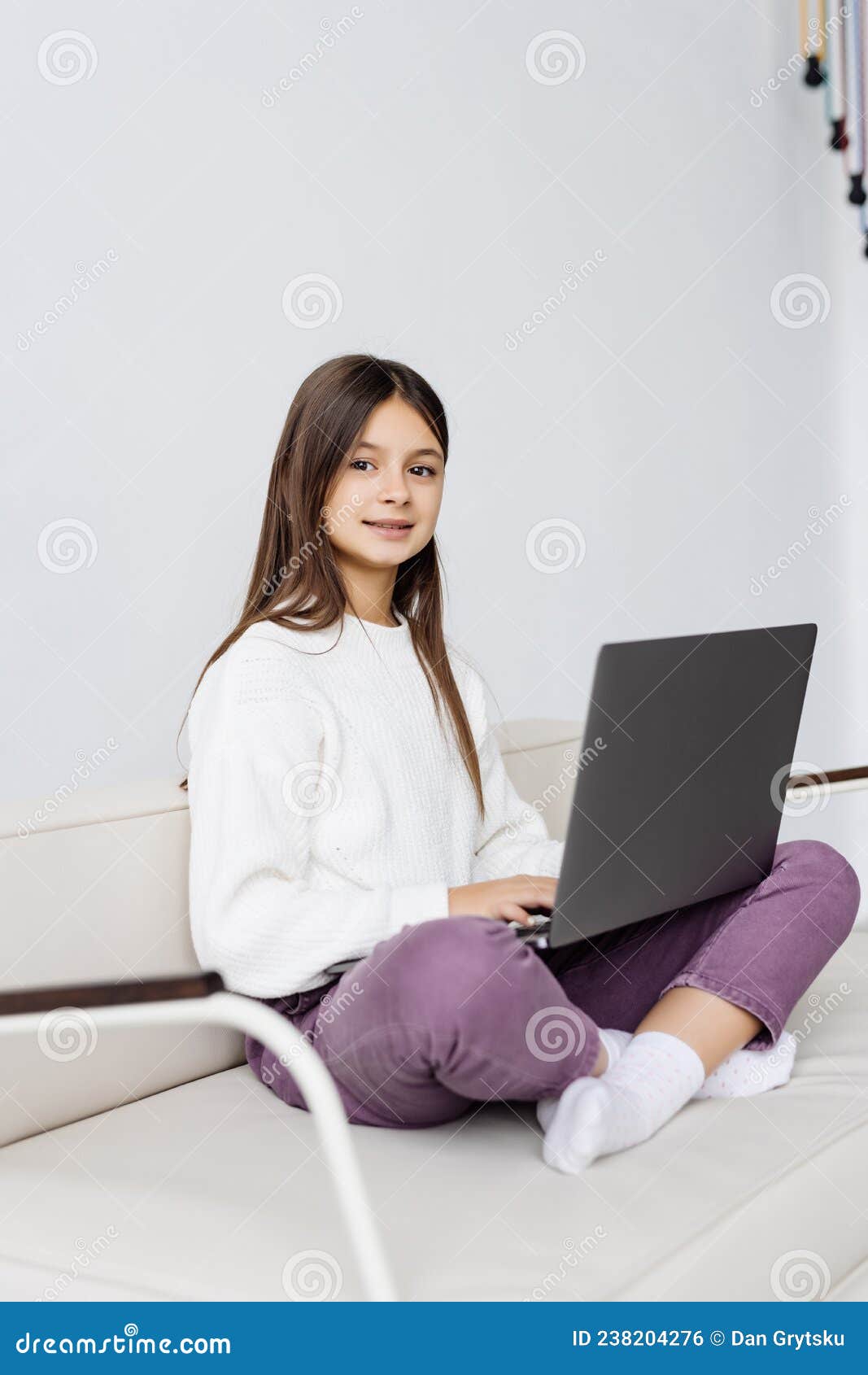 Cute Girl Sitting on Sofa with Laptop at Home Stock Photo - Image of ...