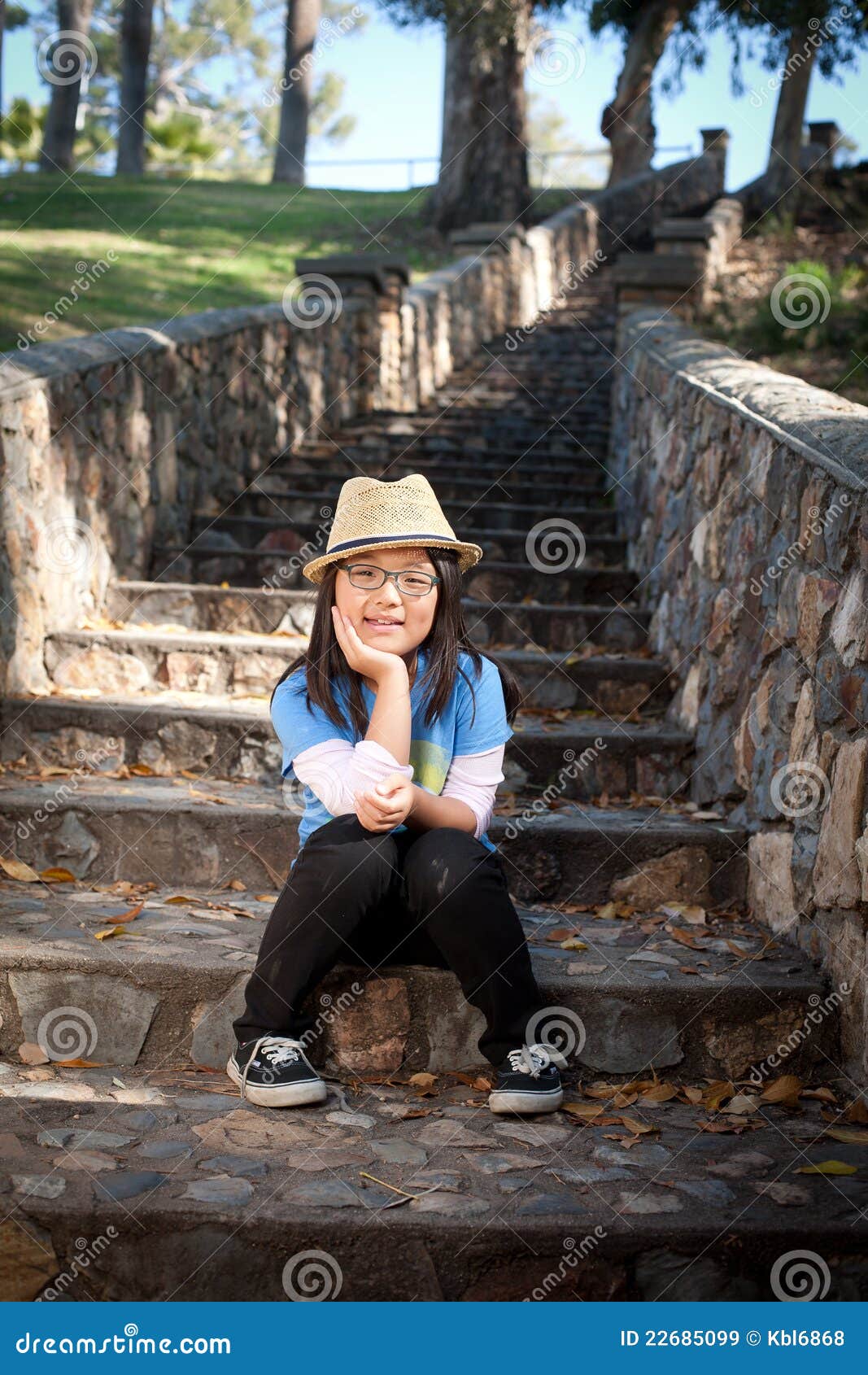 Cute Girl Sitting on Stairs Stock Image - Image of green, stair: 22685099
