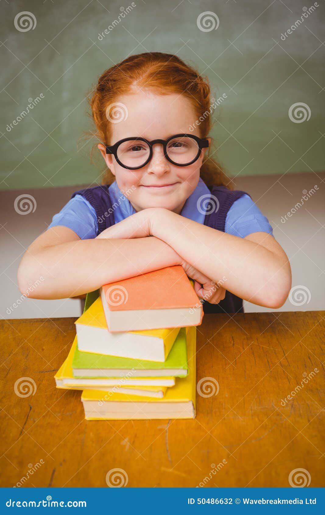 Cute Girl with Stack of Books in Classroom Stock Photo - Image of girl ...