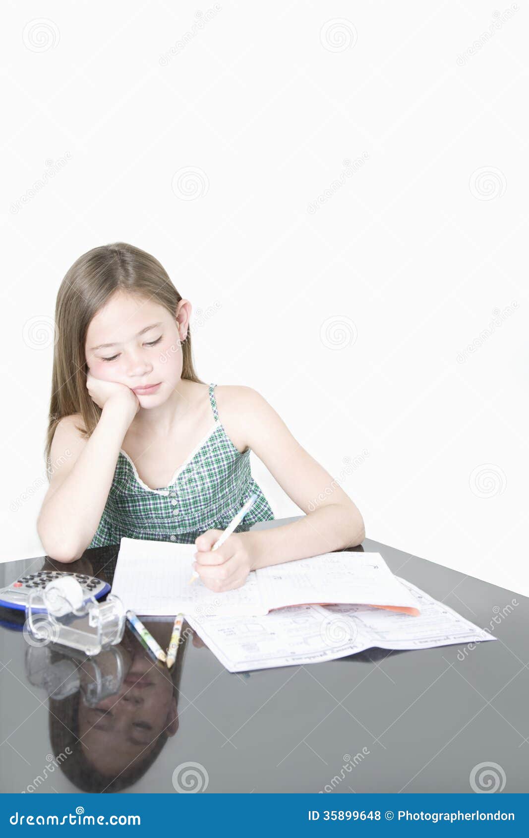 Cute Girl Studying at Table Over White Background Stock Photo - Image ...