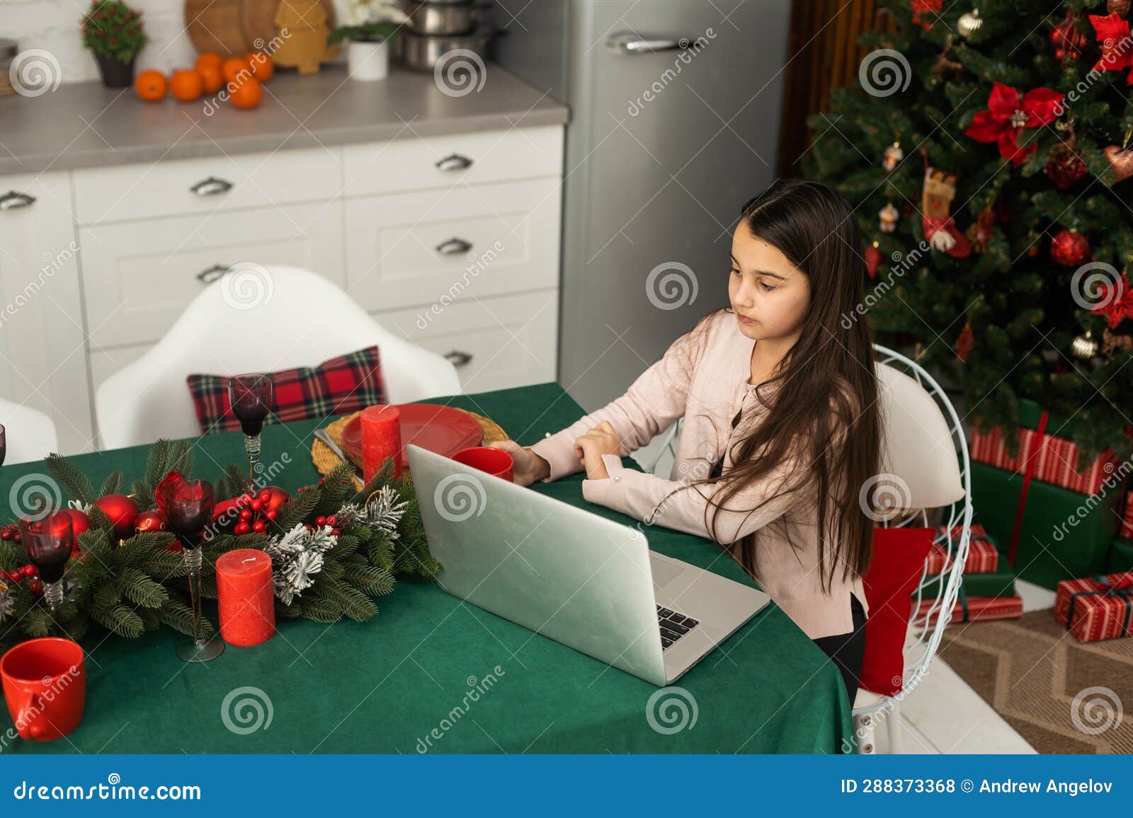 Cute Girl Using Computer by Christmas Tree Stock Photo - Image of cozy ...