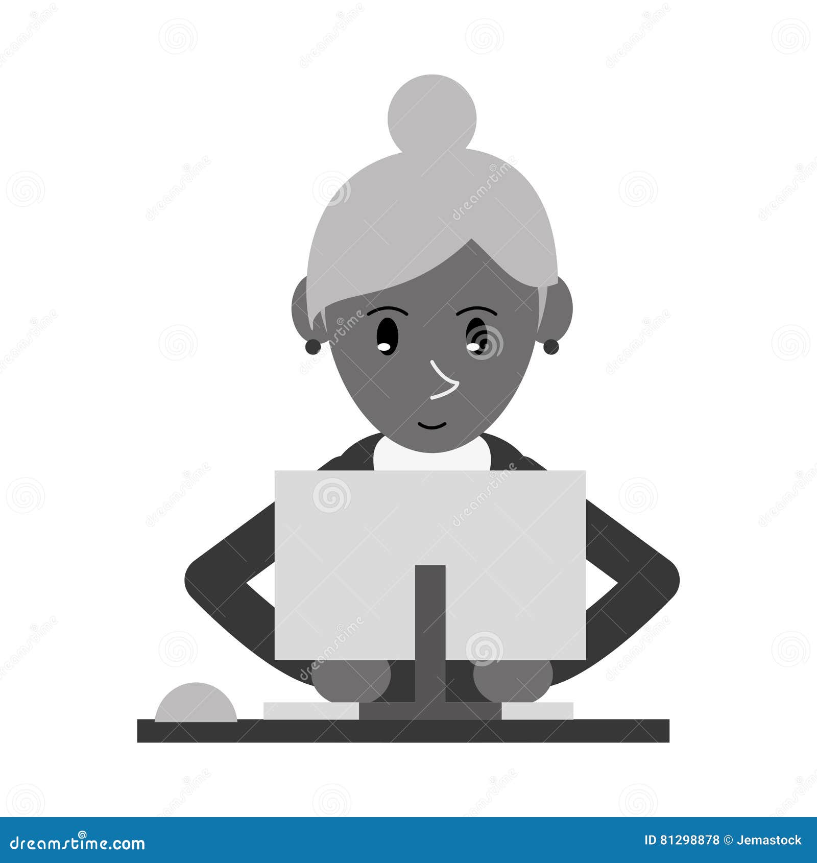 Cute Girl Using Computer Working Monochromatic Stock Vector ...