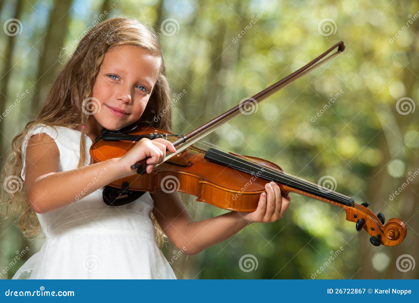 Cute Girl in White Playing Violin Outdoors. Stock Image - Image of ...