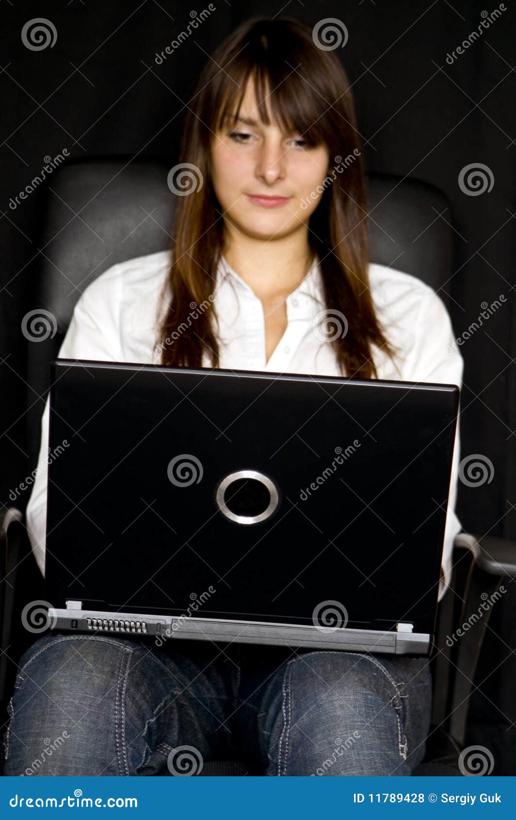 Cute Girl Working on Laptop. Stock Photo - Image of looks, performs ...