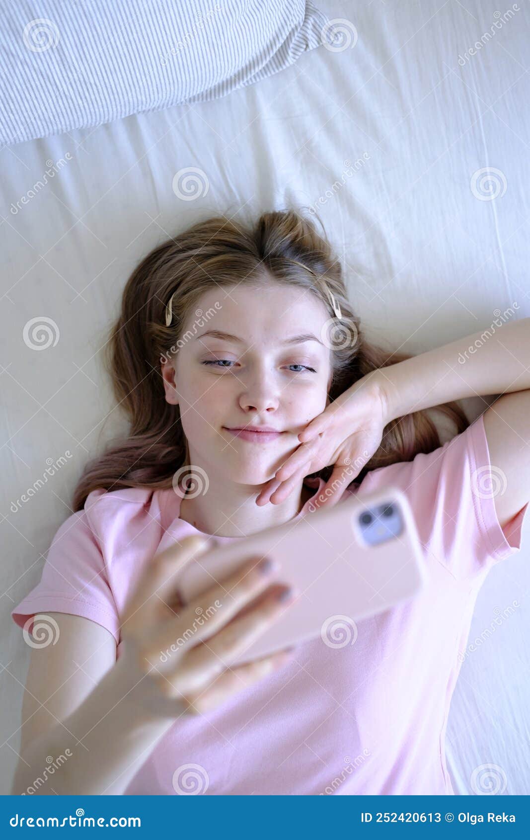 Cute Girl 15 18 Years Old Lying On The Bed Makes A Selfie View From