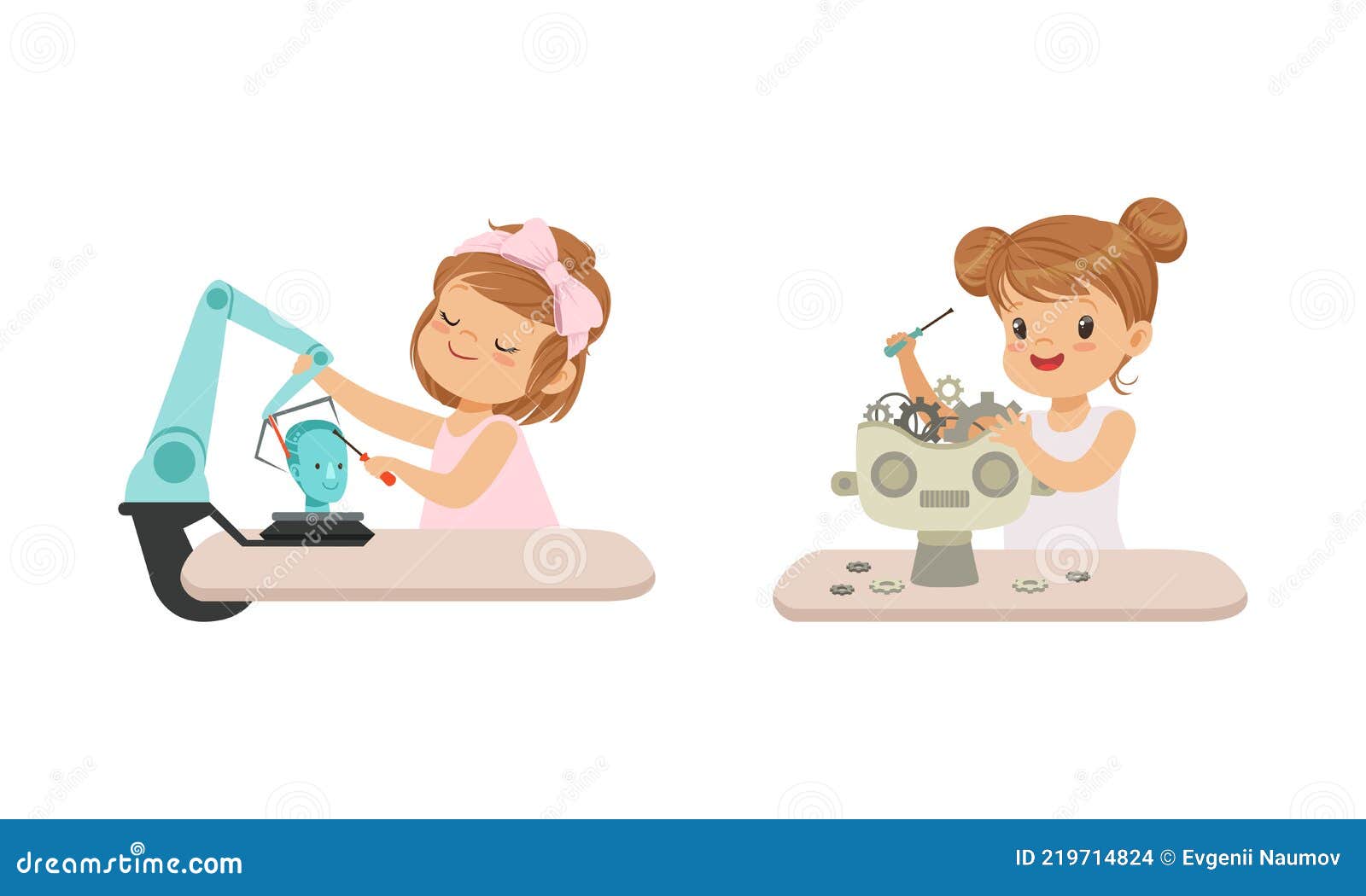 Cute Girls Creating Robot Models Set, Kids Building Robotic Technology ... Cute Girls Creating Robot Models Set, Kids Building Robotic Technology ...