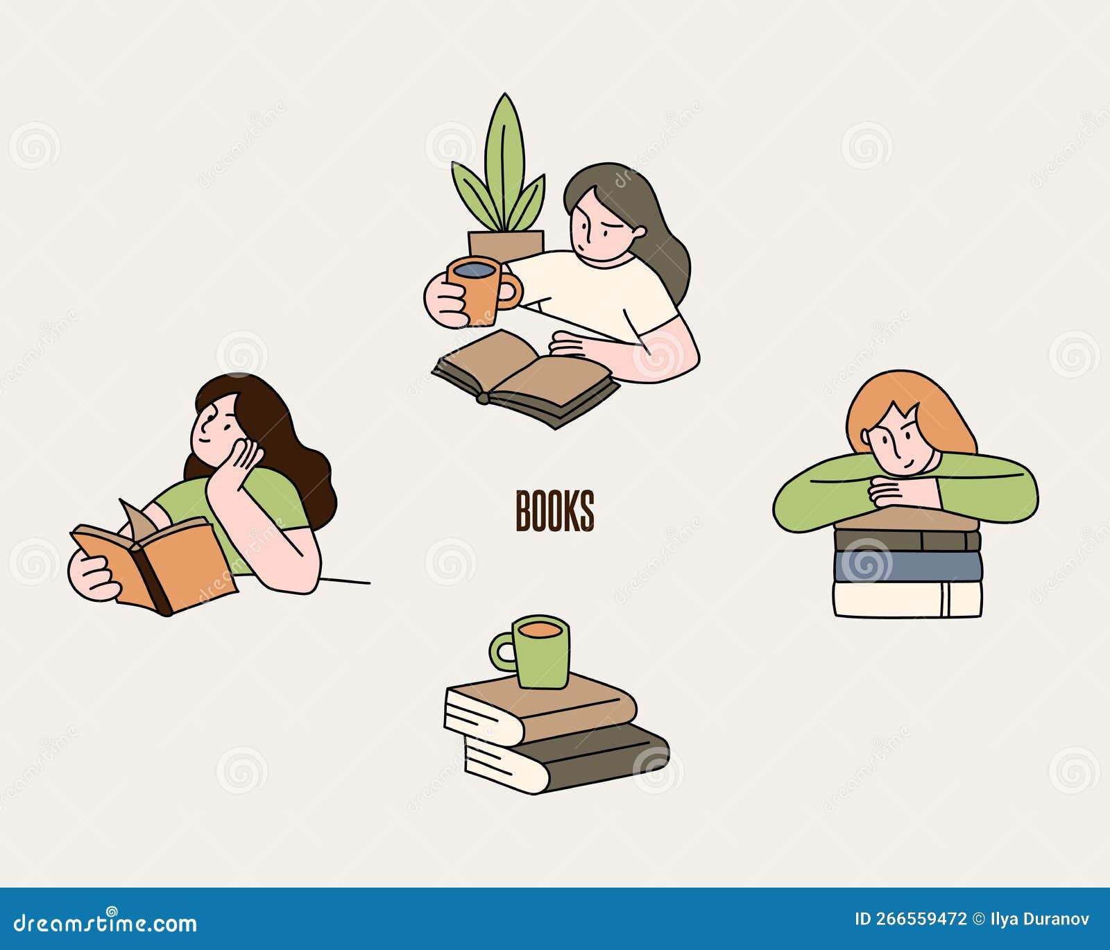 Cute Girls are Reading Books. Stack of Books with Cup on it Stock ...