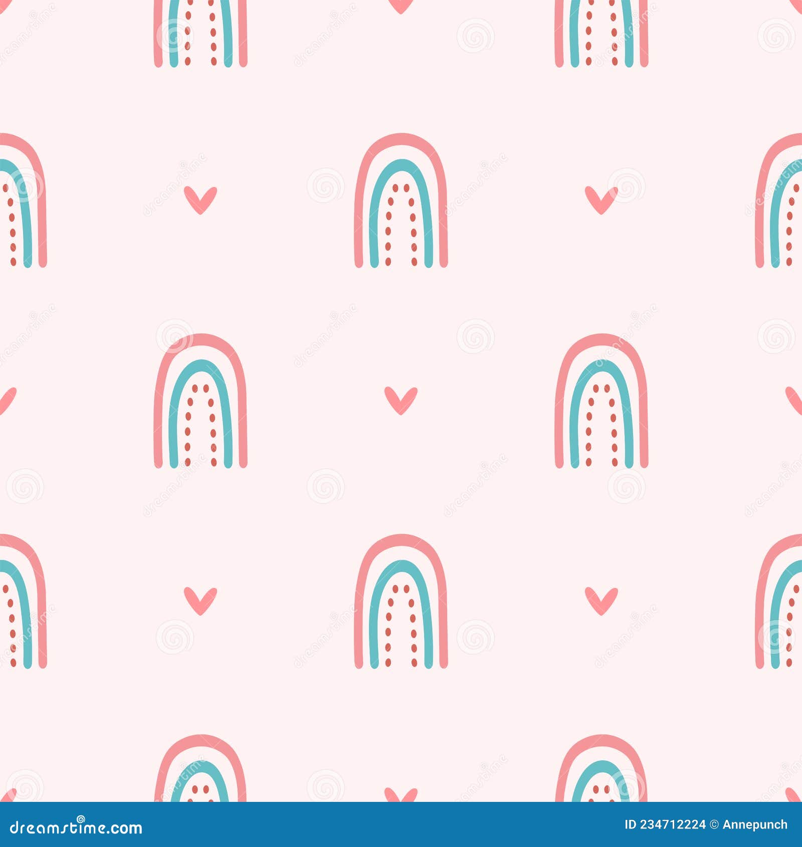 Cute Girly Seamless Pattern with Repeating Heart and Rainbow Drawn by ...