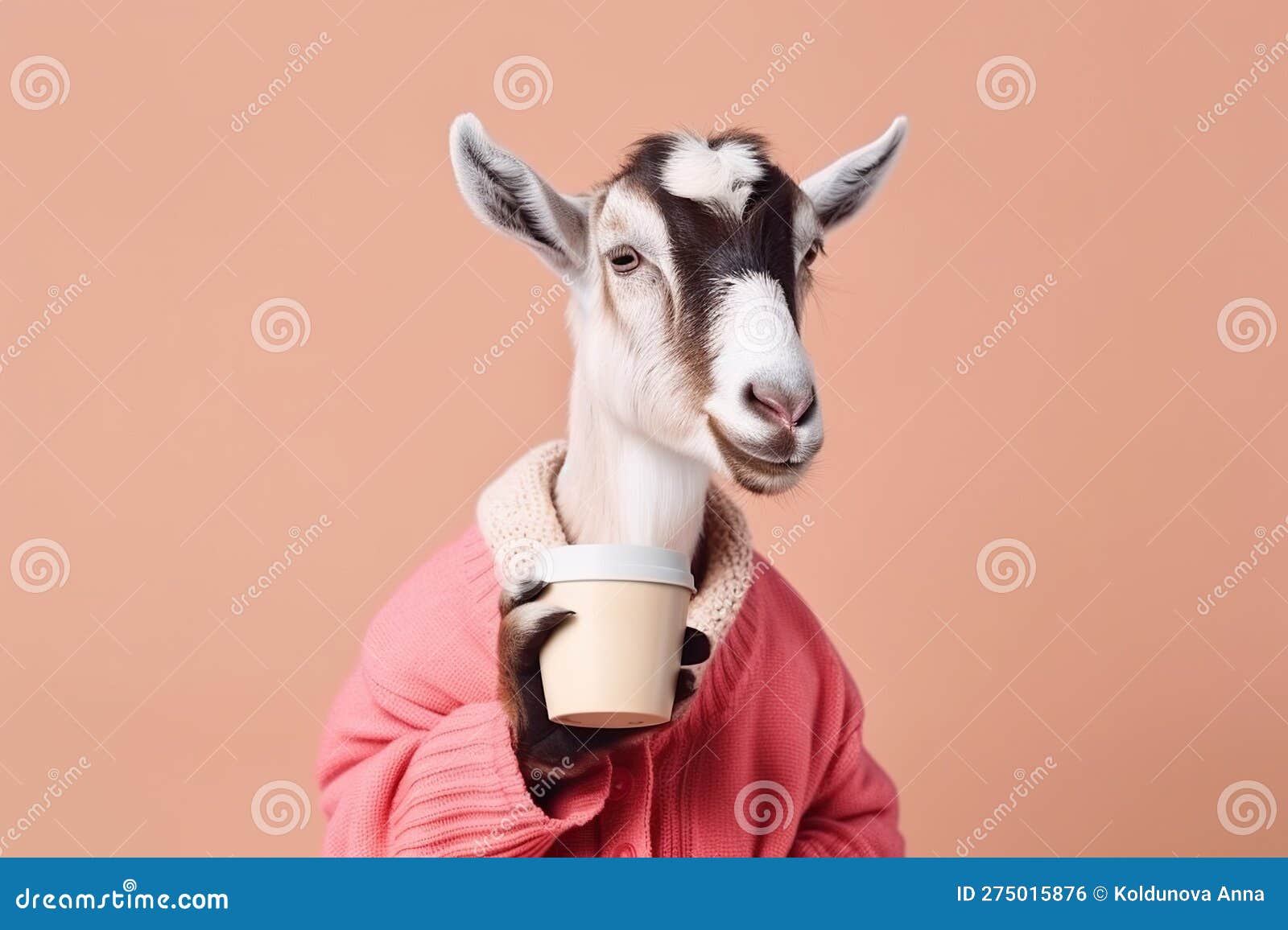Studio Shot of a Cute Goat in Spring Clothes Drinking Tea or Coffee ...