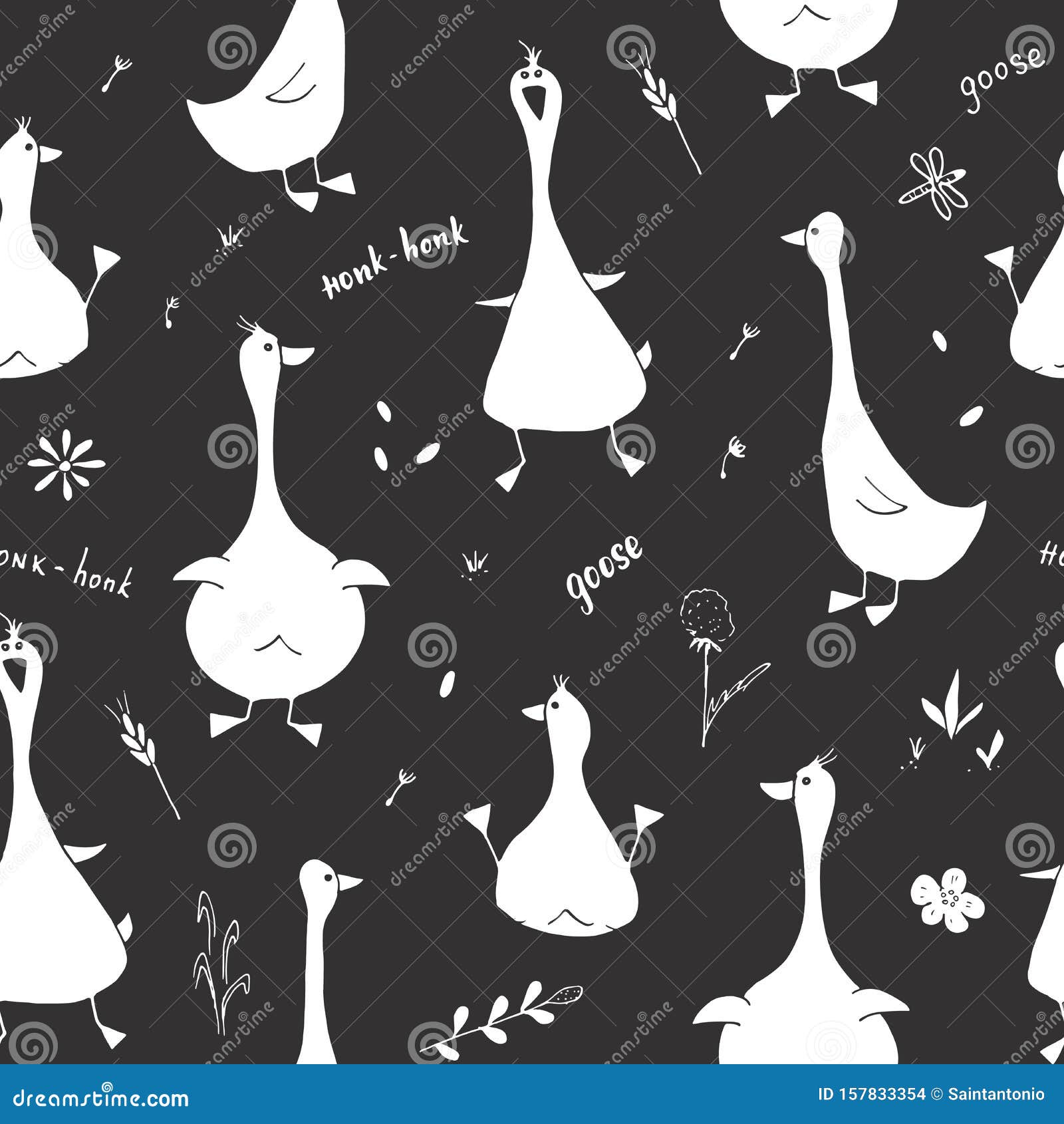 Cute Goose Seamless Pattern, Cartoon Hand Drawn Goose Doodles Vector ...