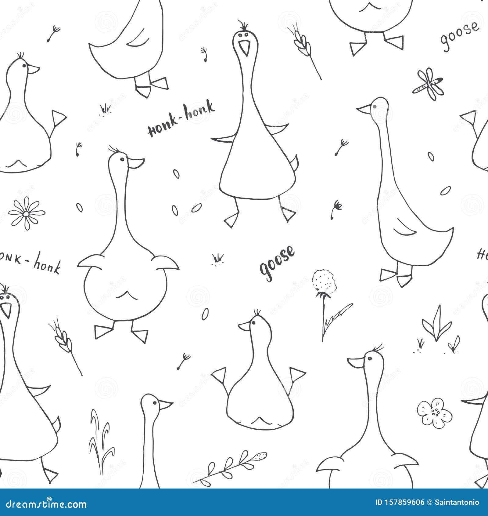 Cute Goose Seamless Pattern, Cartoon Hand Drawn Goose Doodles Vector ...