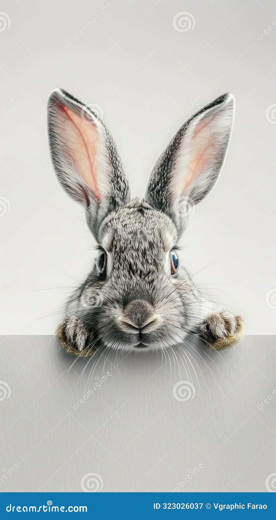 Cute Gray Bunny Peeking Over White Surface, Front View Stock Image ...