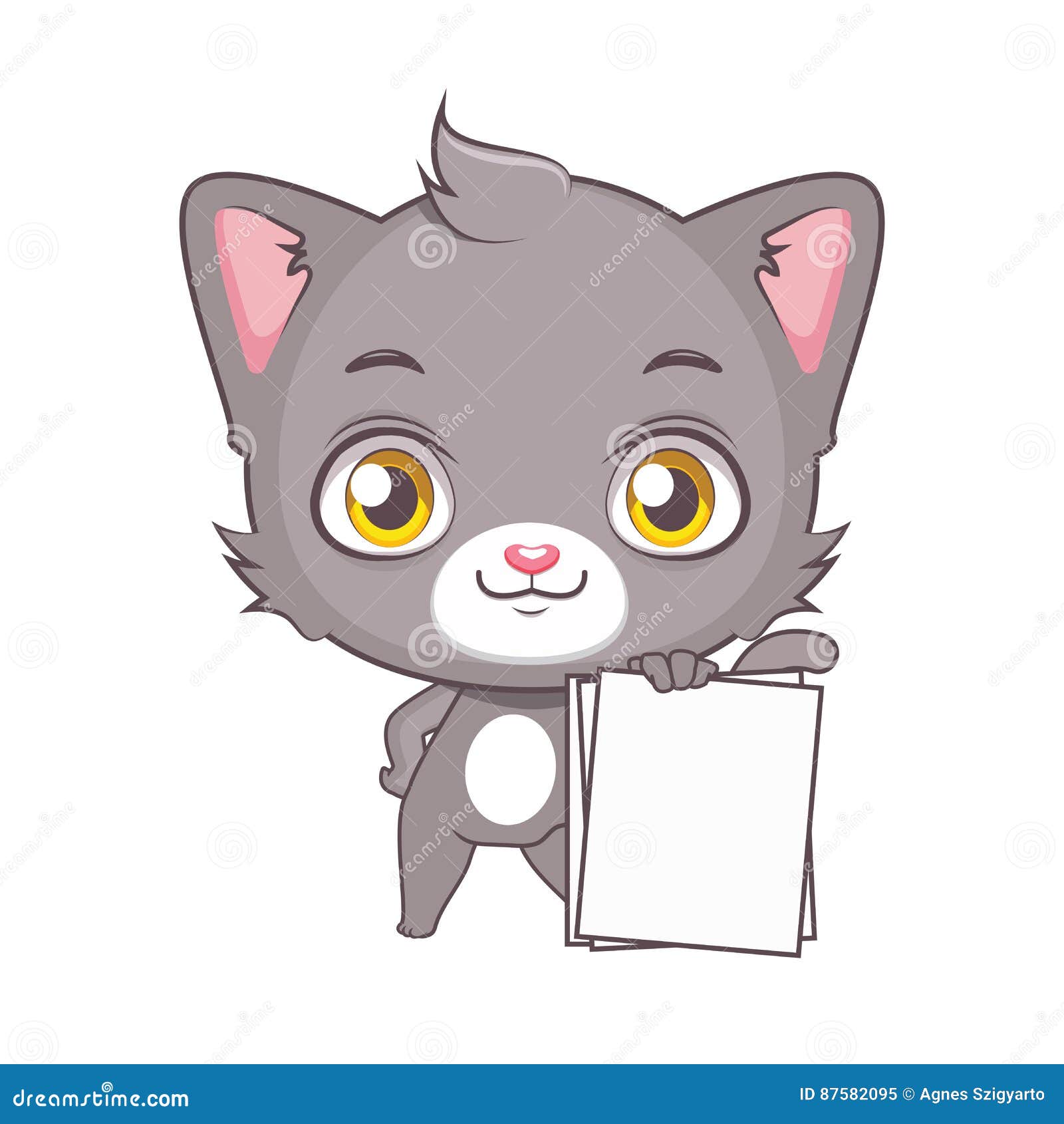 Cute Gray Cat Holding Blank Pieces of Paper Stock Vector - Illustration ...