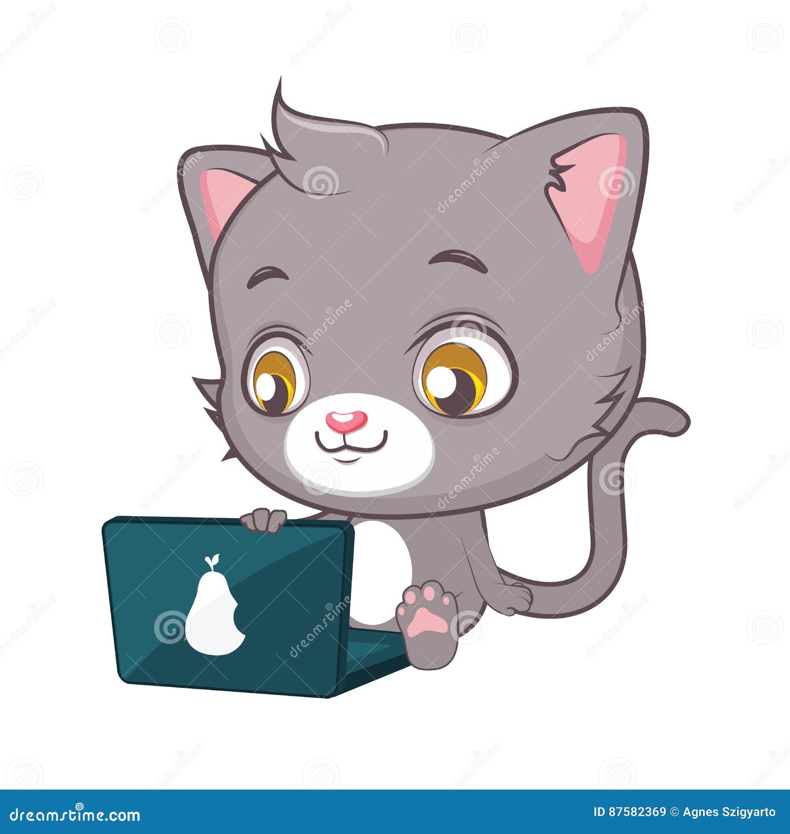 Cute Gray Cat Looking at a Laptop Stock Vector - Illustration of tail ...