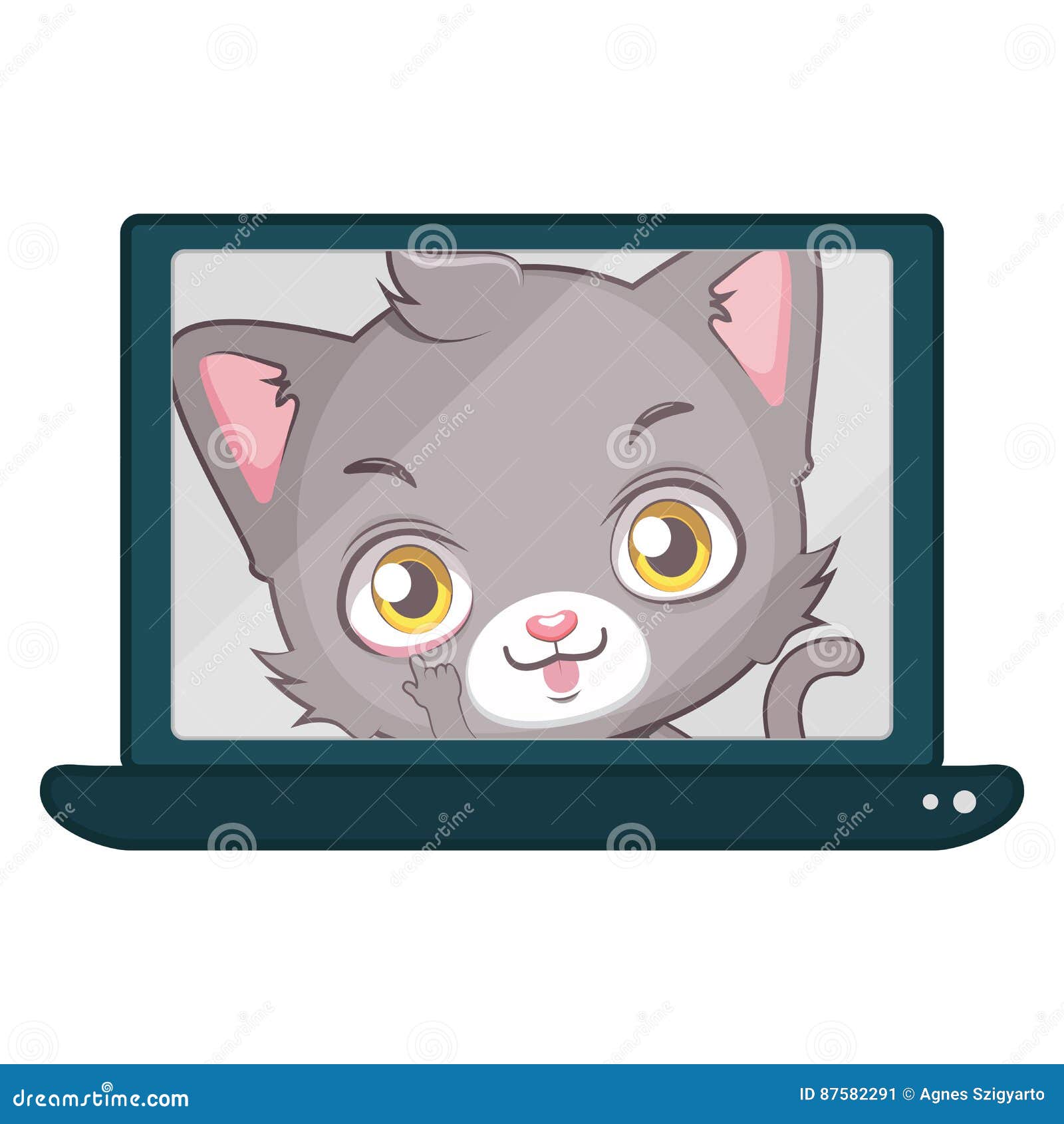 Cute Gray Cat Pulling Faces on a Laptop Stock Vector - Illustration of ...