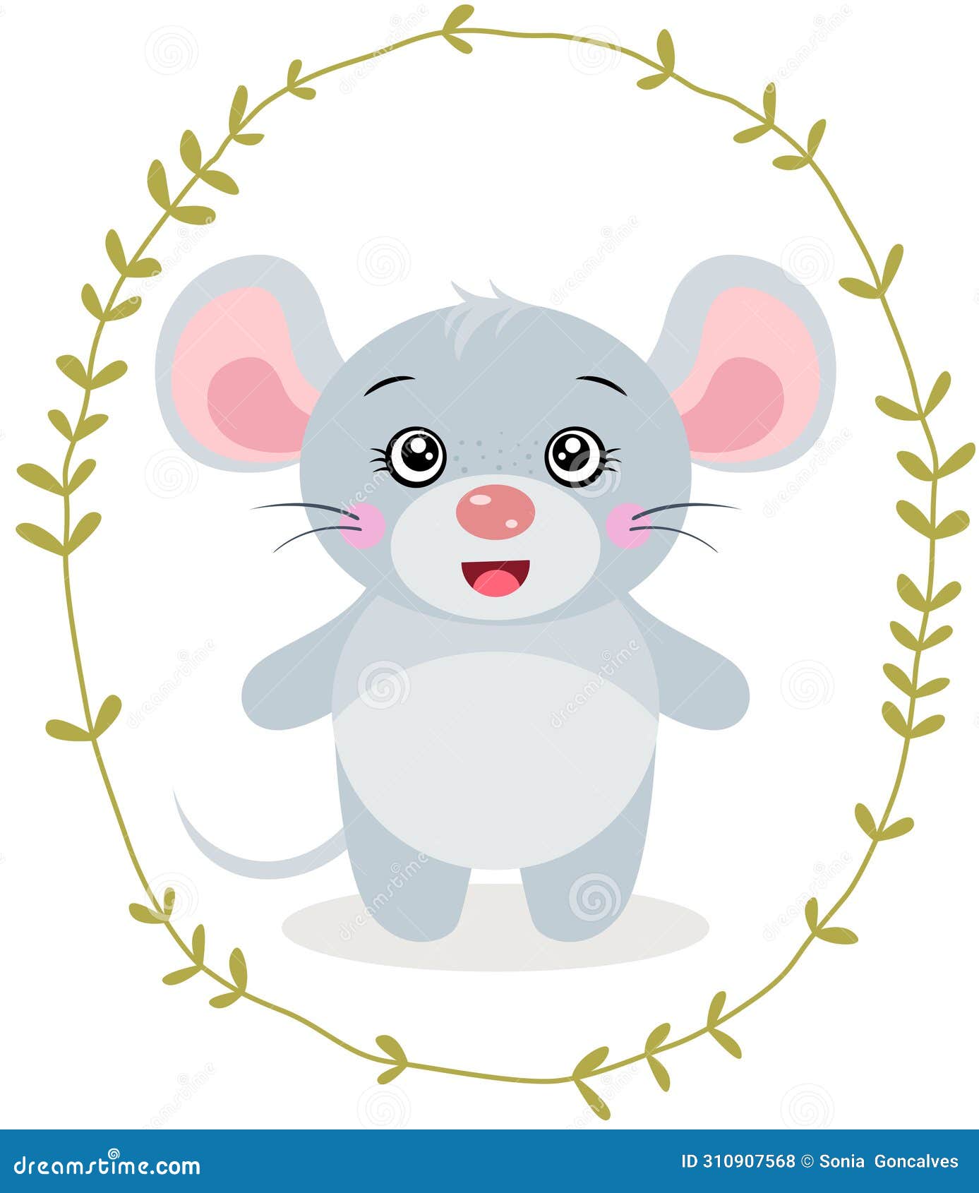 Cute Gray Mouse Inside an Oval Leaves Border Stock Illustration ...