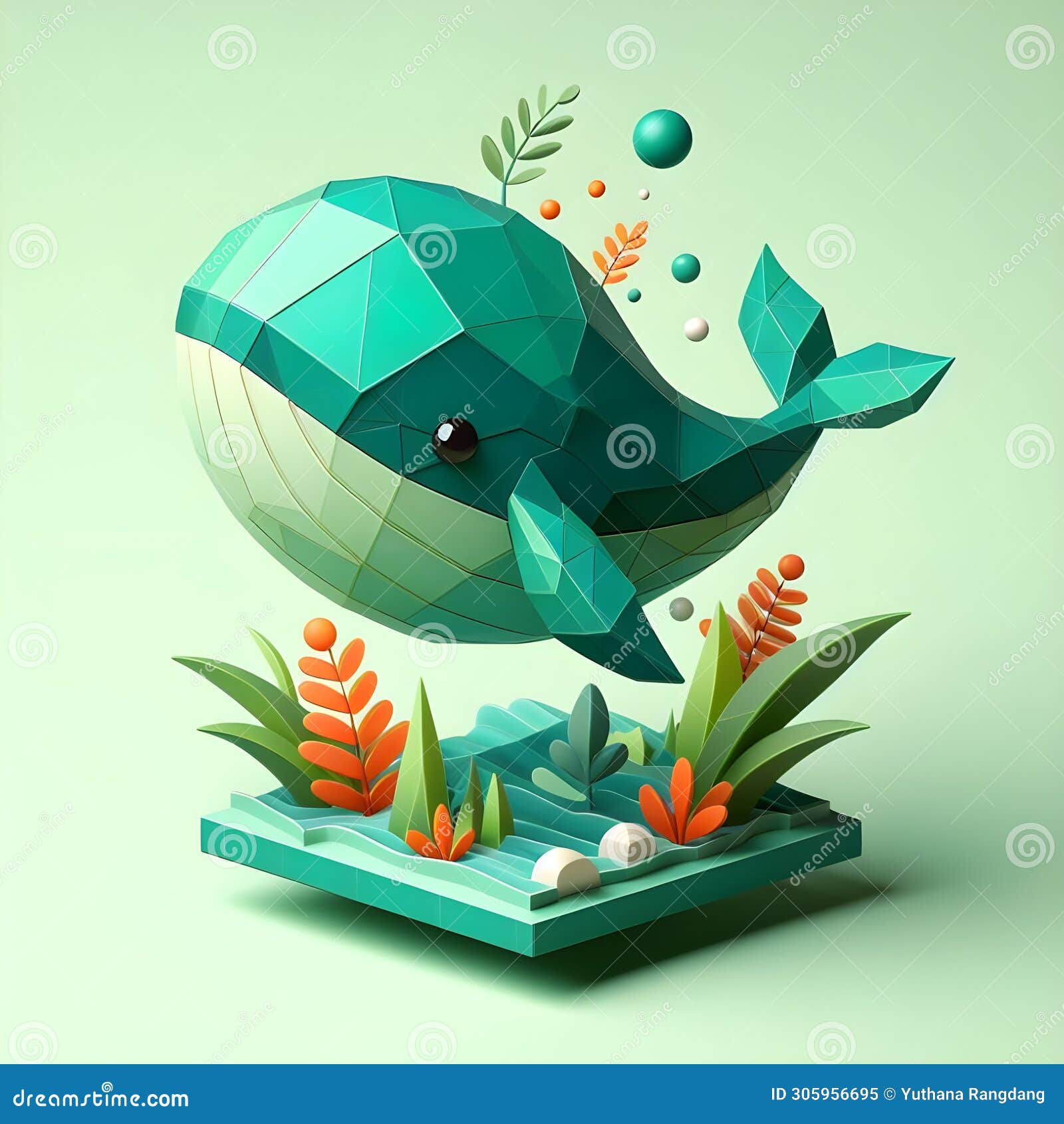 Cute Green Colored Animated Whale in Geometric Simple. Stock ...