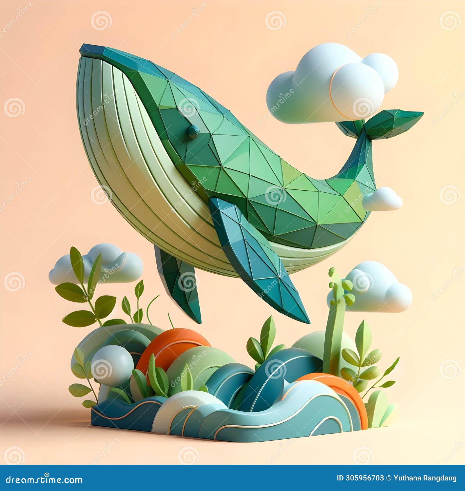 Cute Green Colored Animated Whale in Geometric Simple. Stock ...