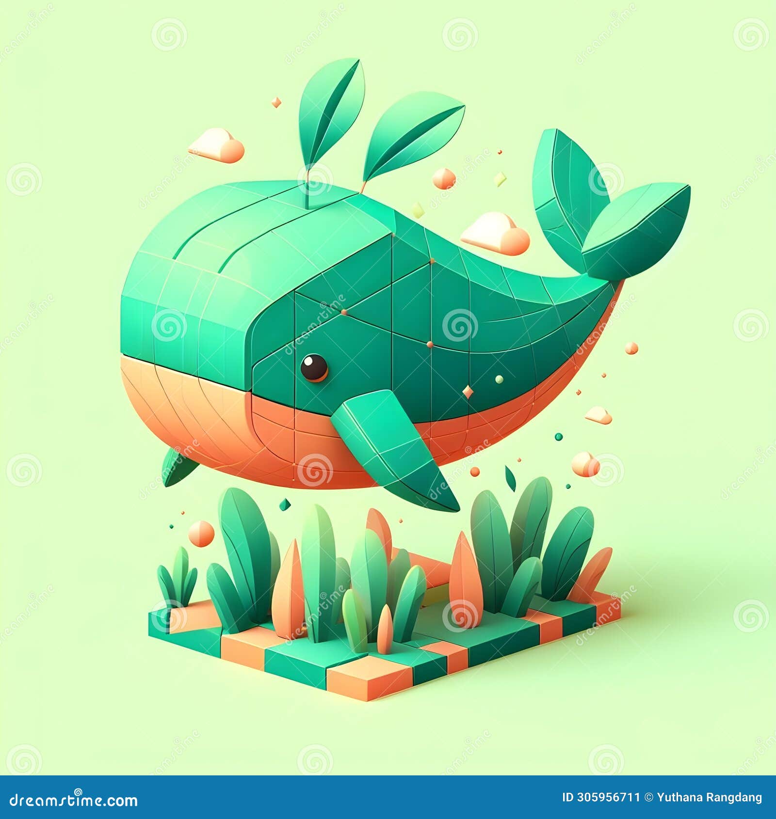 Cute Green Colored Animated Whale in Geometric Simple. Stock ...