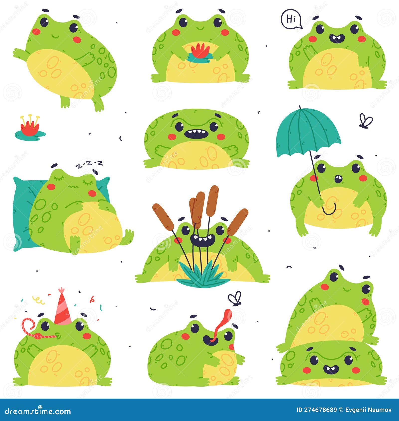 Cute Green Frog or Toad Character Engaged in Different Activity Vector ...