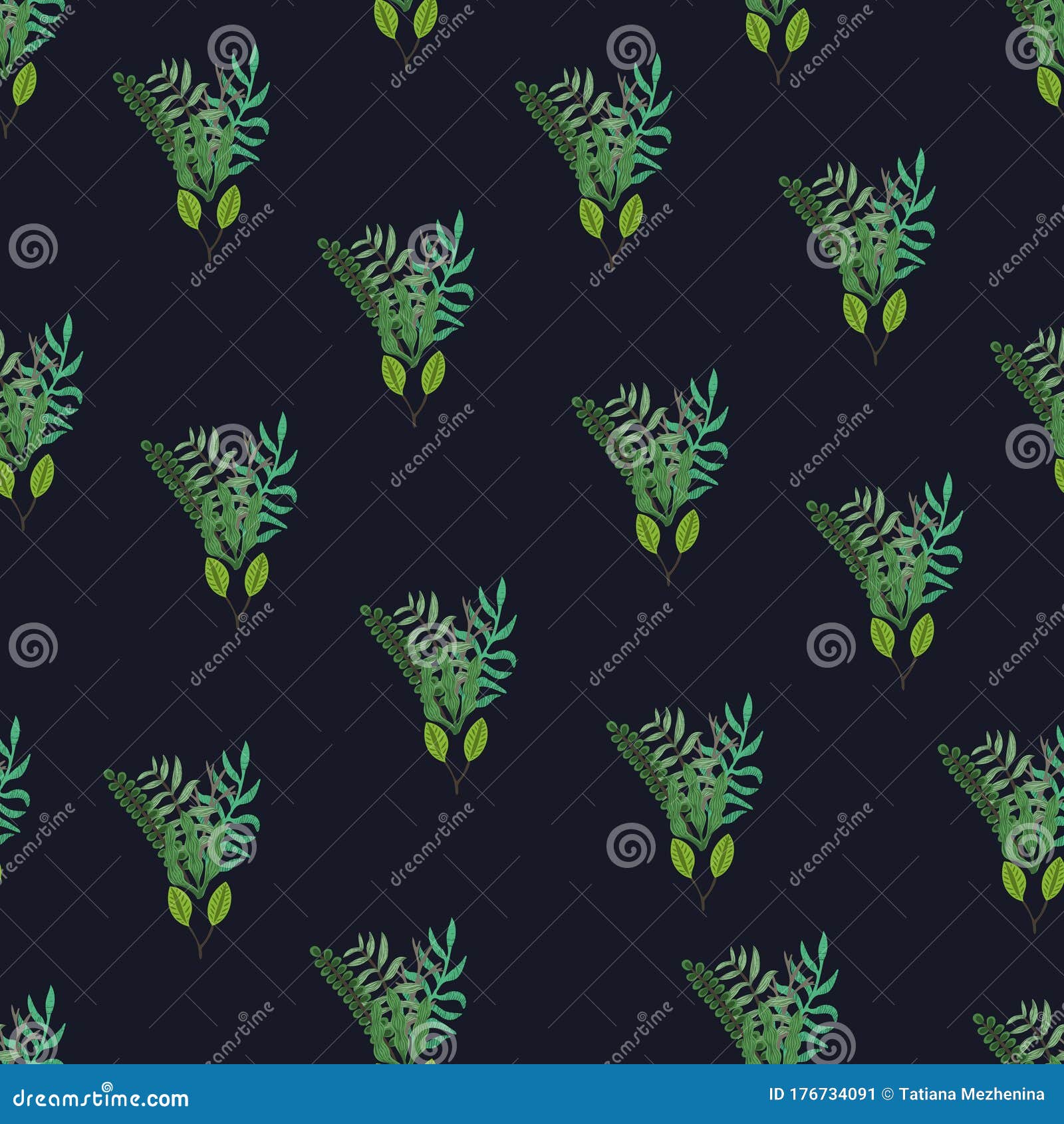 Cute Green Hand Drawn Leaves Bouquets Pattern Stock Vector ...