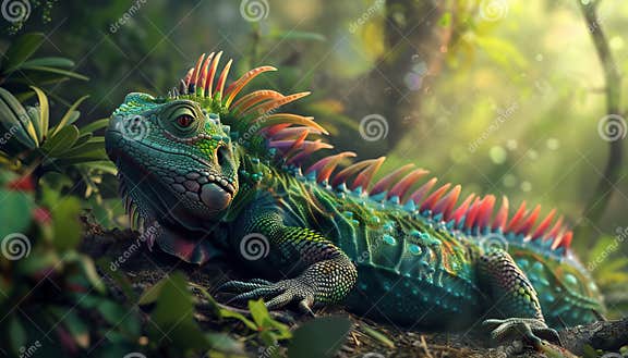 A Cute Green Lizard with Multi Colored Scales in the Forest Generated ...